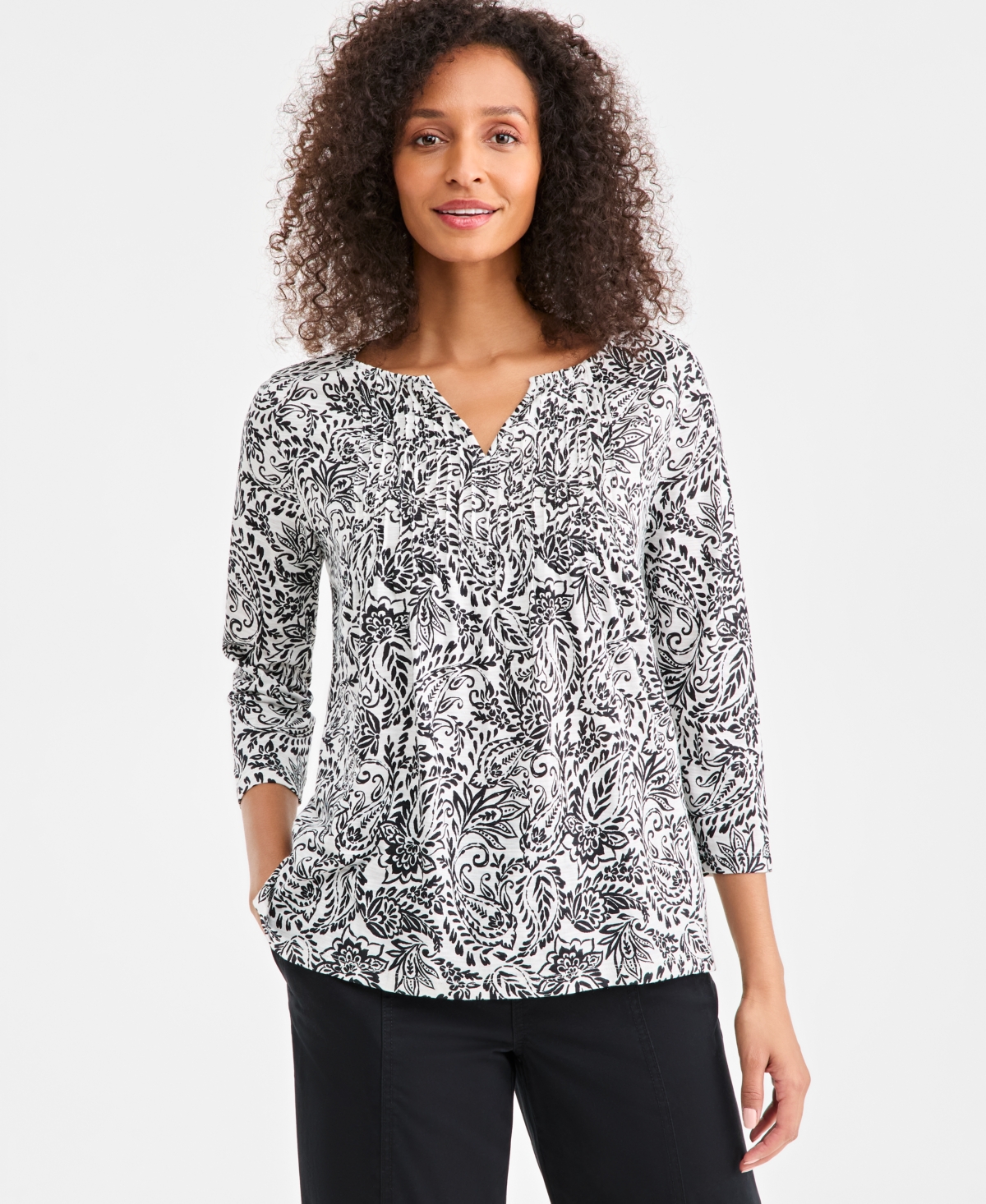 Click here for Style & Co Womens Printed Split-Neck Pintucked Kni... prices