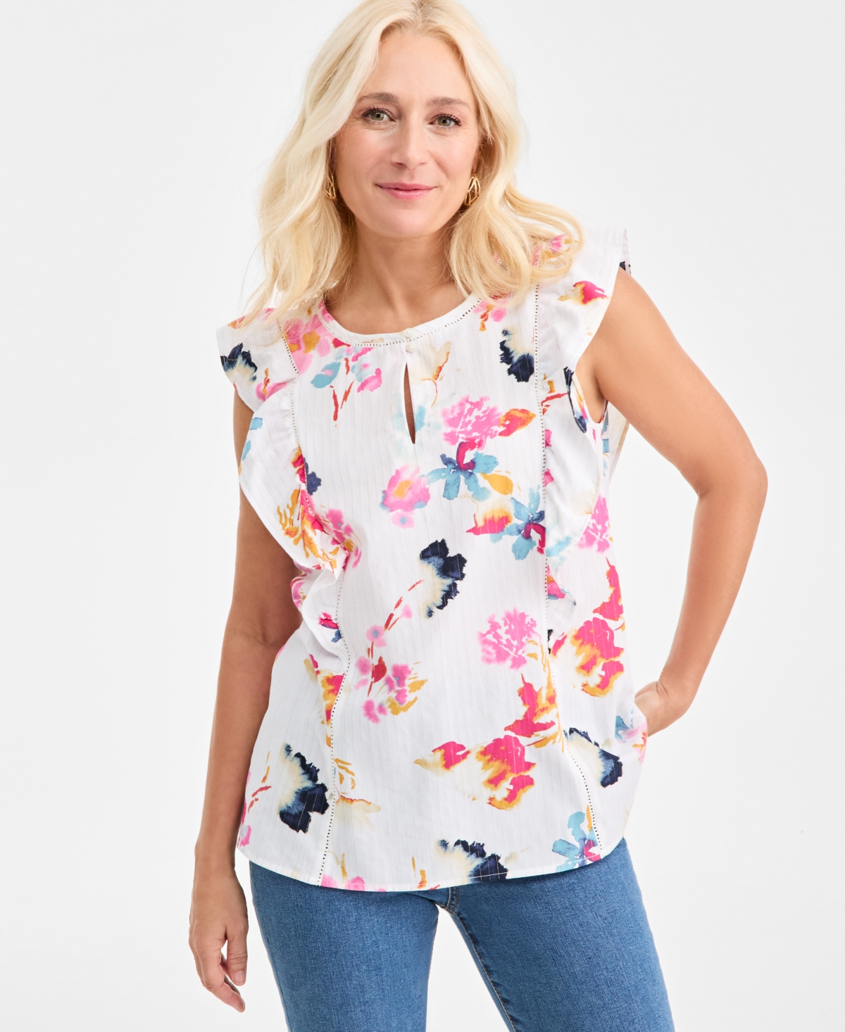 Click here for Style & Co Womens Floral-Print Metallic-Stripe Top... prices