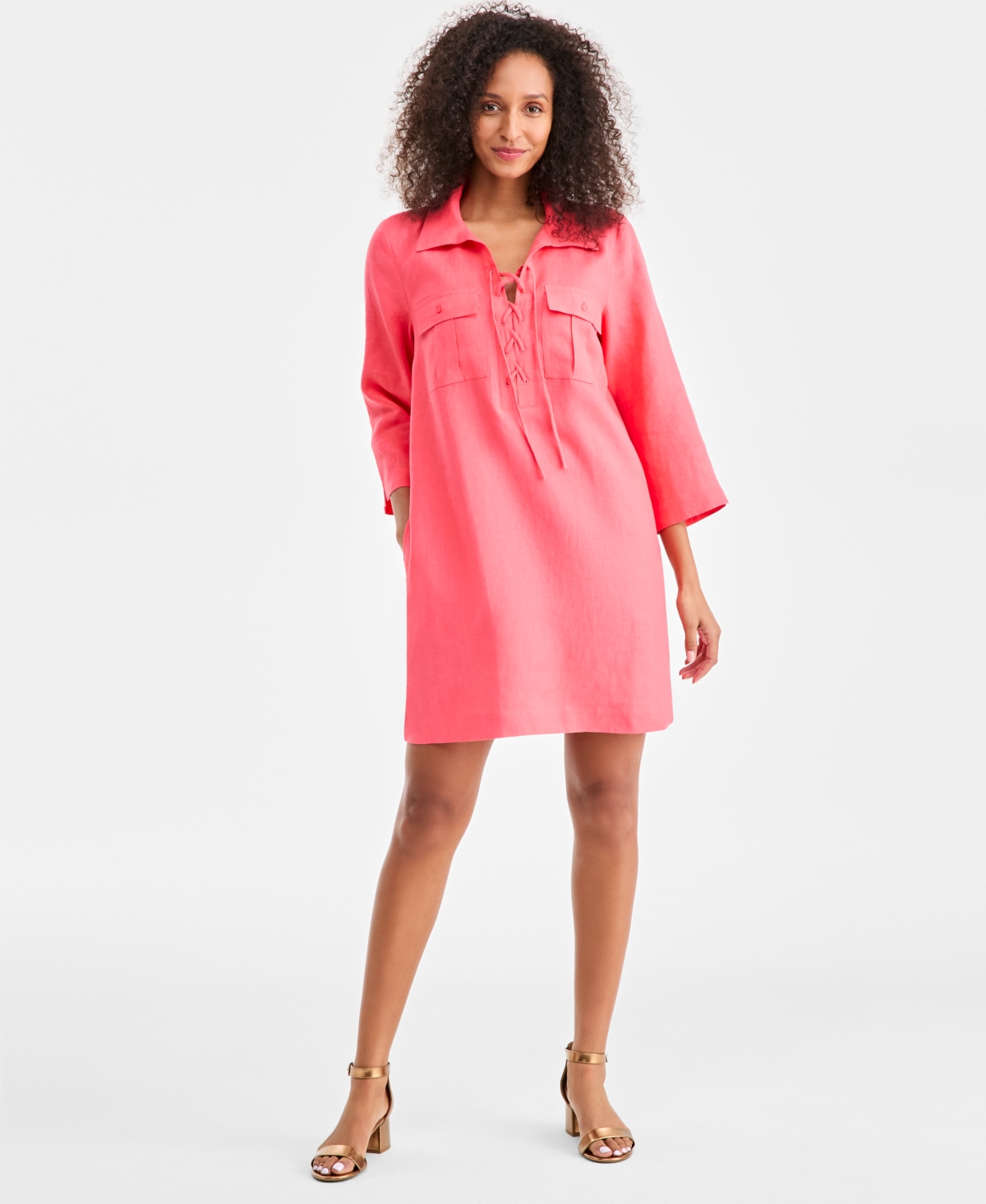 Click here for Charter Club Womens 100 Linen Lace-Up 3/4-Sleeve U... prices