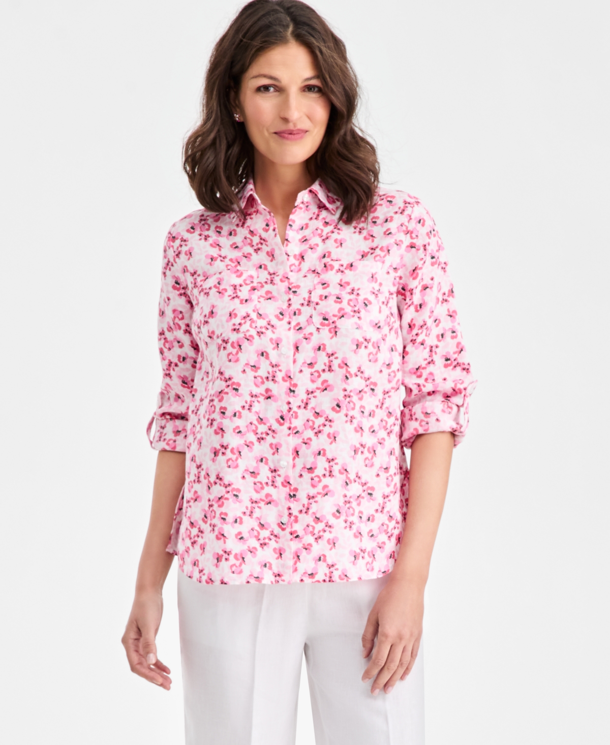 Click here for Charter Club Petite Floral Woven Collar Shirt - Po... prices