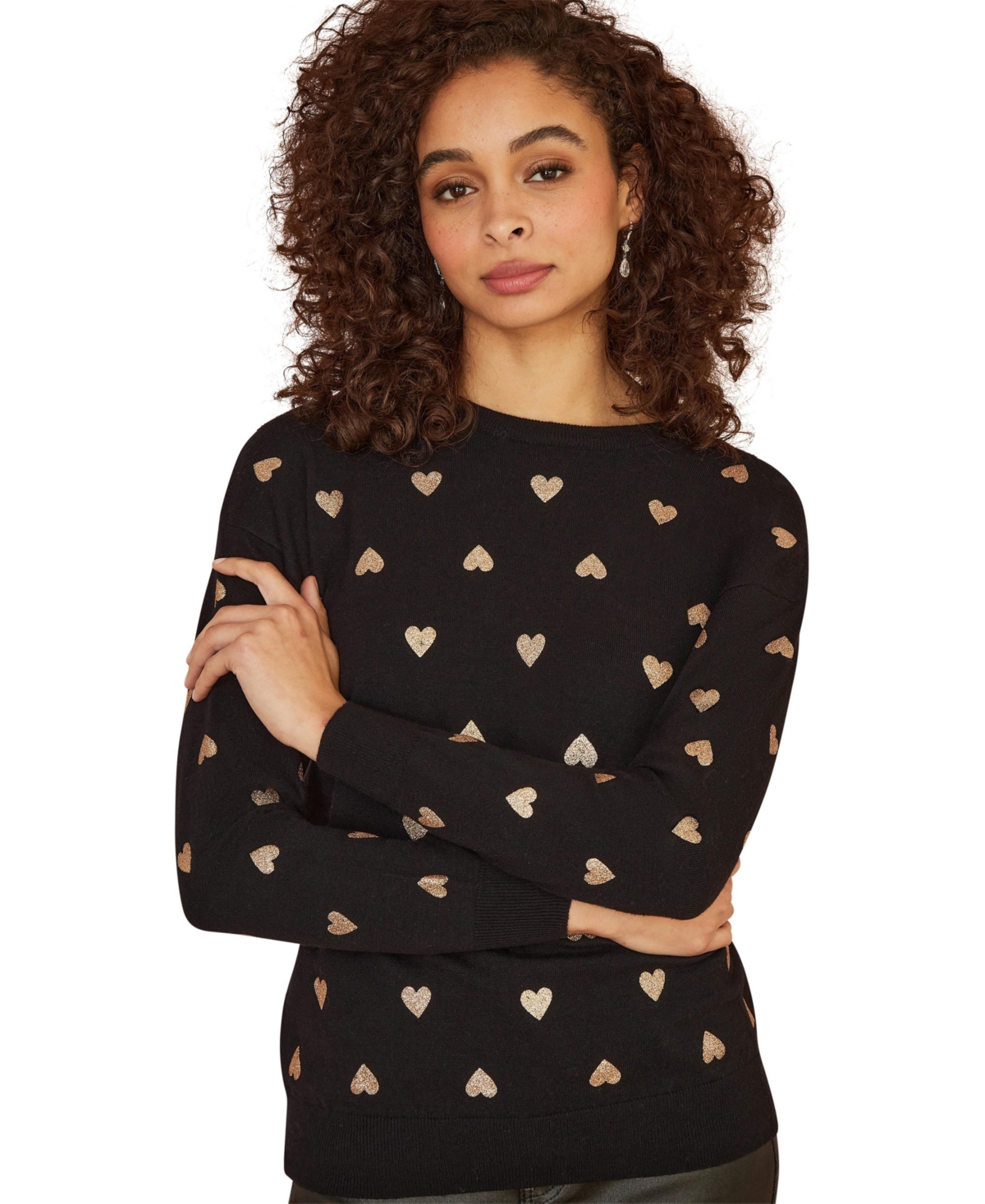 Click here for Yumi Womens Foil Heart Print Relaxed Fit Sweater -... prices