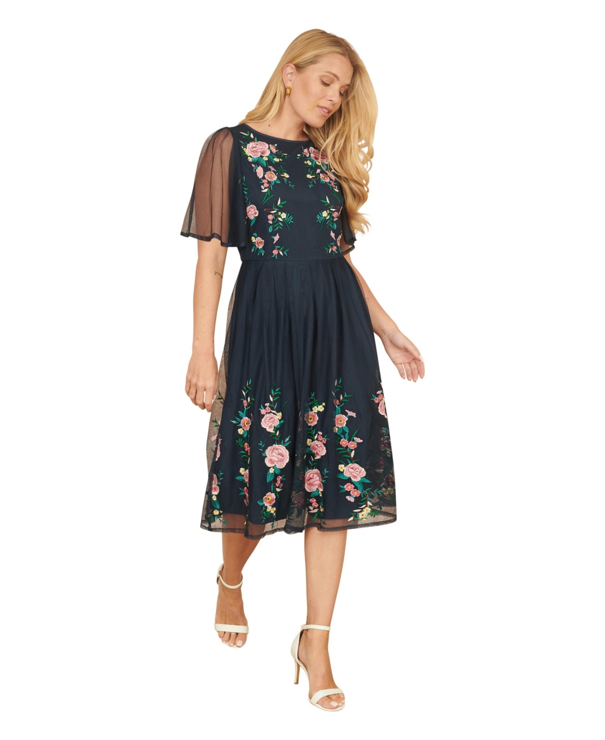 Click here for Yumi Womens Embroidered Mesh Sleeve Prom Dress - N... prices