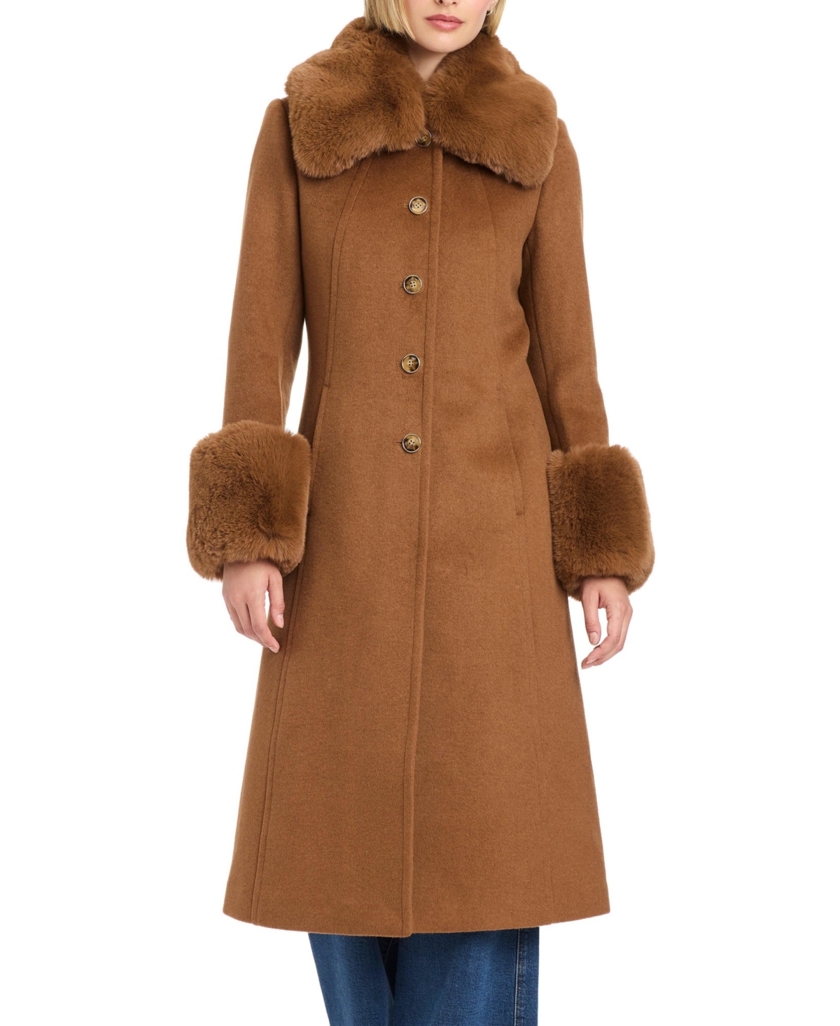 Vince Camuto Womens Single-Breasted Maxi Coat W/ Detachable Faux Fur - Camel