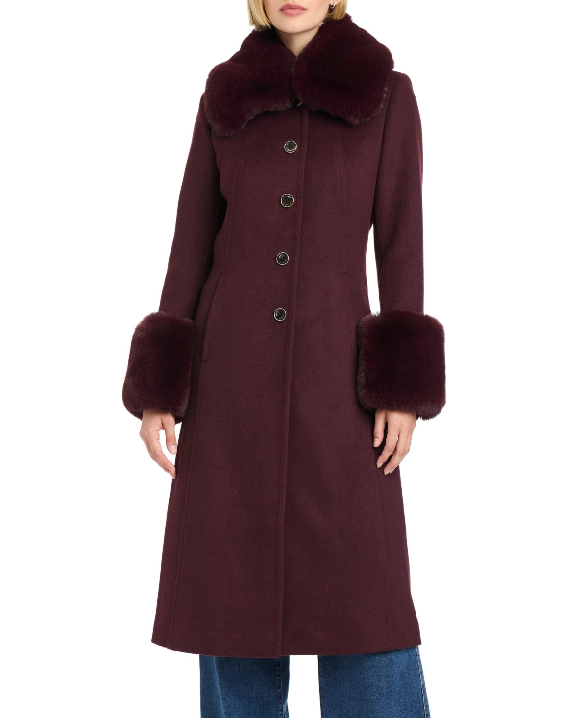 Vince Camuto Womens Single-Breasted Maxi Coat W/ Detachable Faux Fur - Burgundy