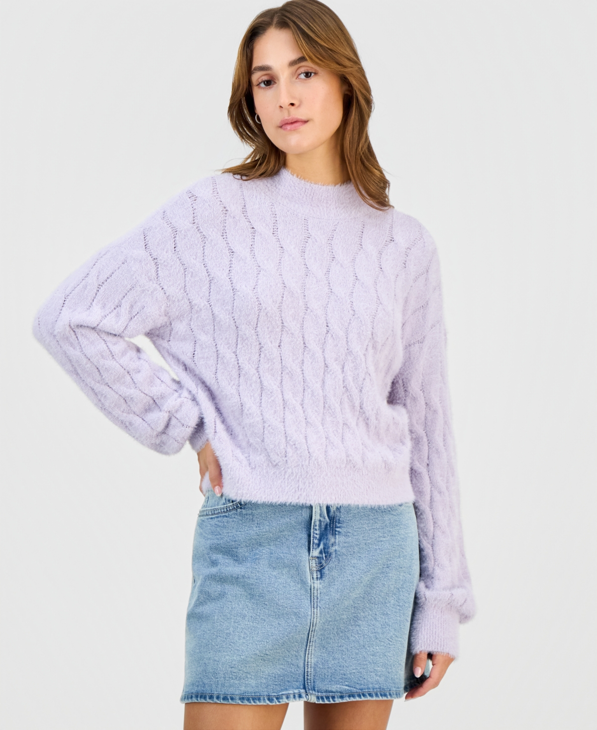 Click here for Hippie Rose Juniors Mock-Neck Eyelash-Cable Knit S... prices