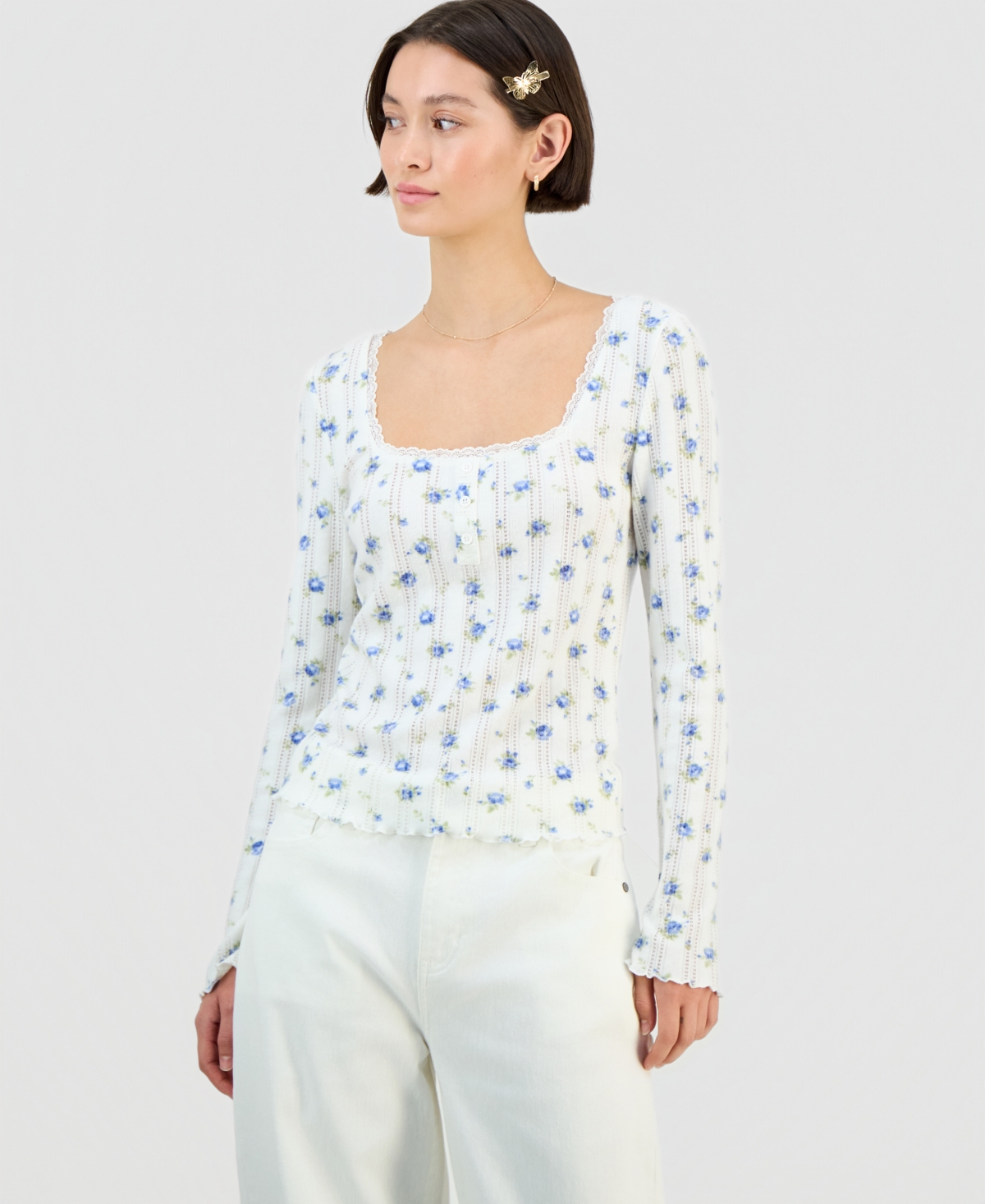 Click here for Madden Girl Juniors Ditsy-Print Pointelle-Knit Top... prices