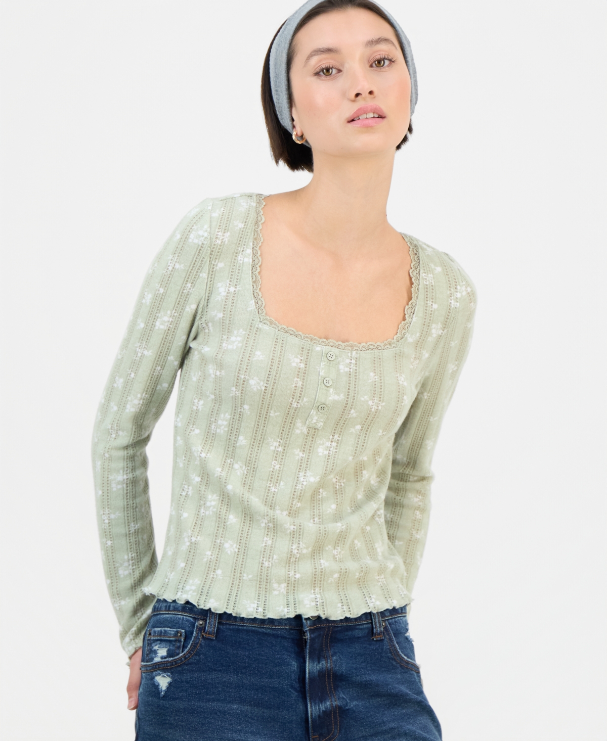 Click here for Madden Girl Juniors Ditsy-Print Pointelle-Knit Top... prices