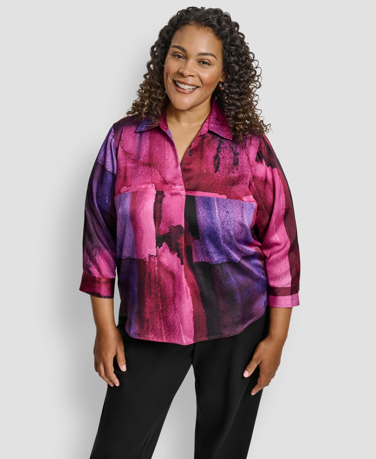 Click here for Dkny Plus Size Collared Neck Top - Fuchsia/Dark Vi... prices