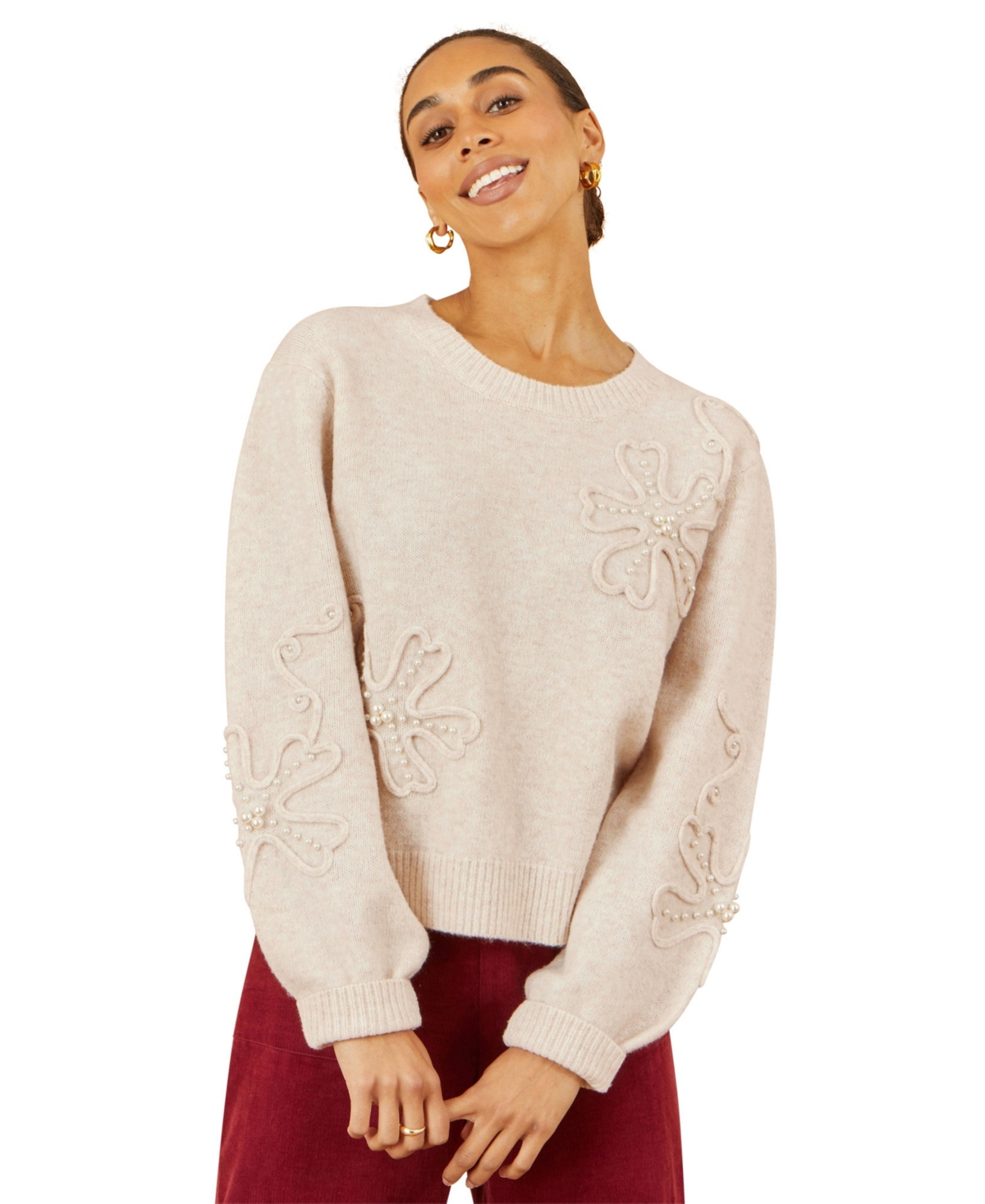 Click here for Yumi Womens Floral Applique Sweater - Oatmeal prices