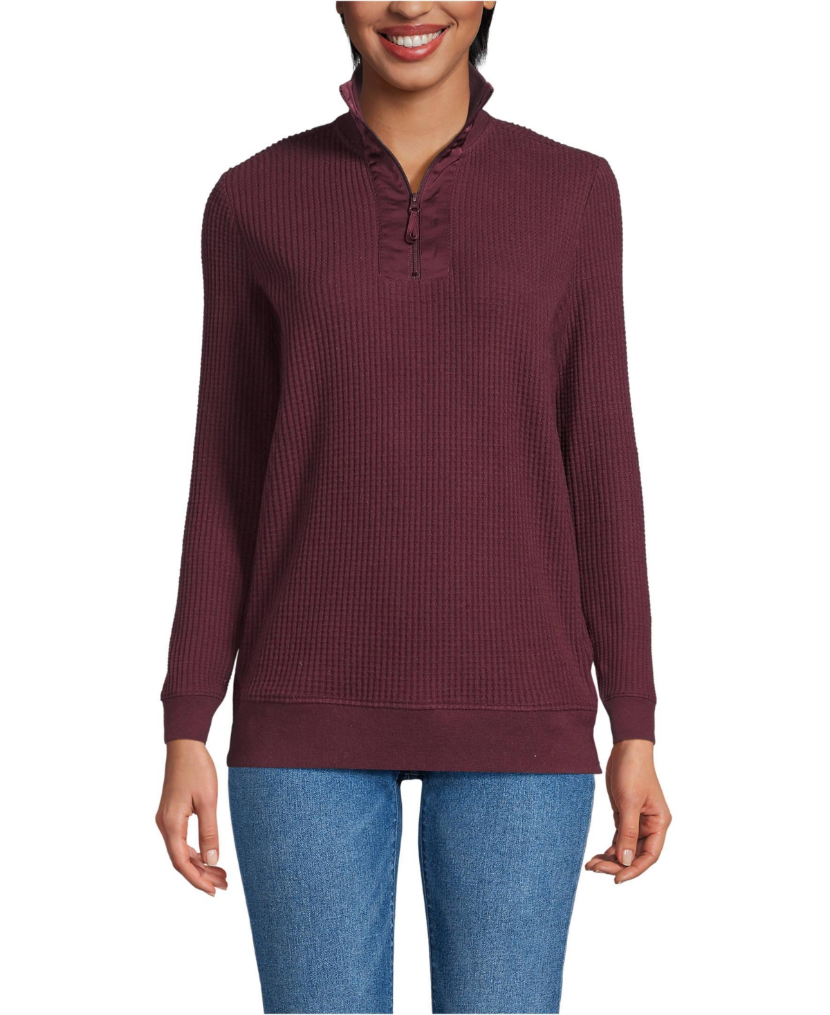 Click here for Lands End Womens Long Sleeve Waffle Quarter Zip Pu... prices