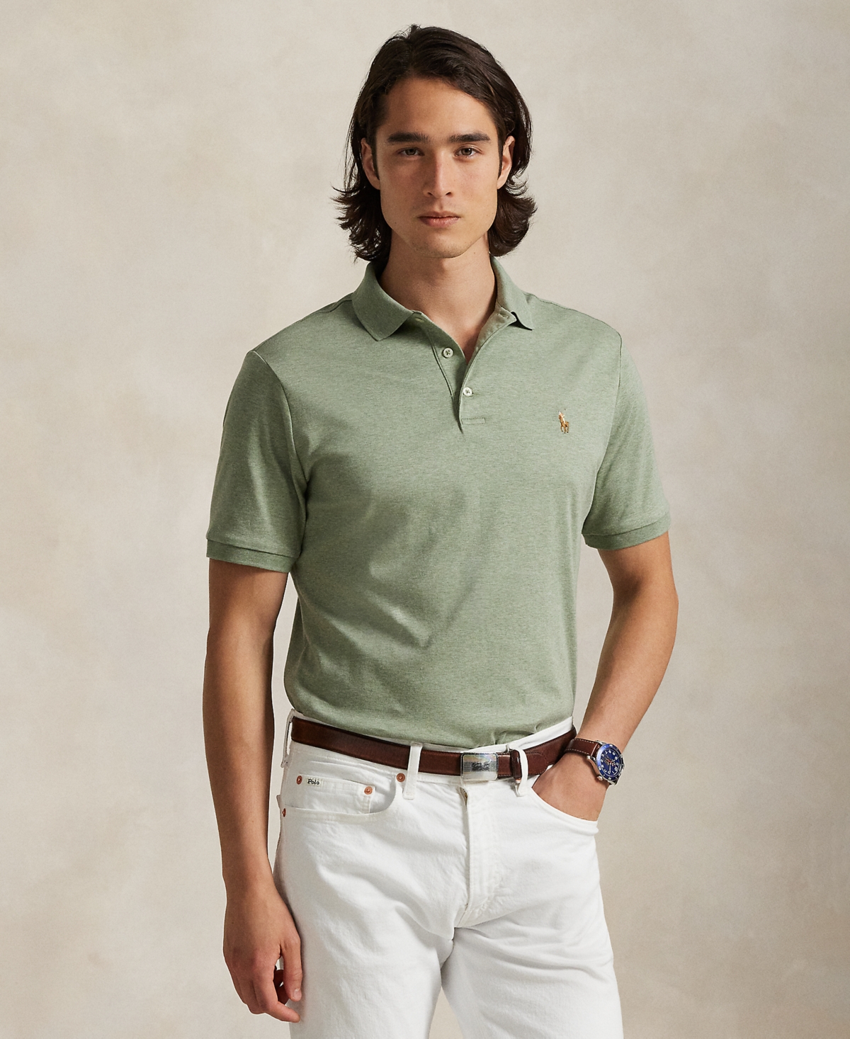 Click here for Mens Slim-Fit Soft Cotton Polo Shirt - Greenery He... prices