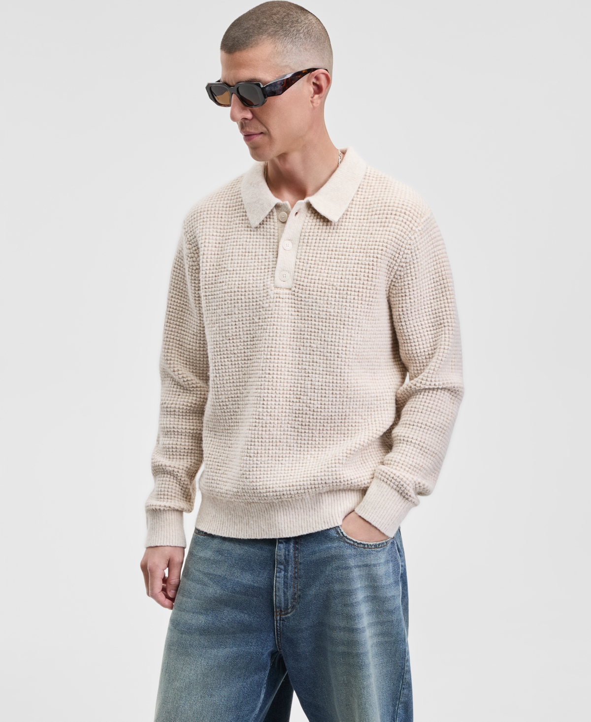 Click here for Mode of One Mens Long Sleeve Waffle-Knit Polo Swea... prices