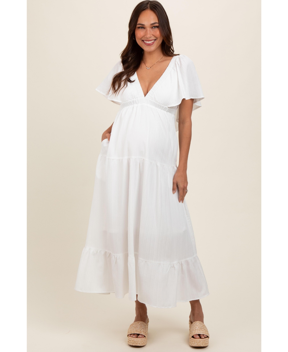 Click here for Pinkblush Maternity Ivory Deep V-Neck Flutter Slee... prices