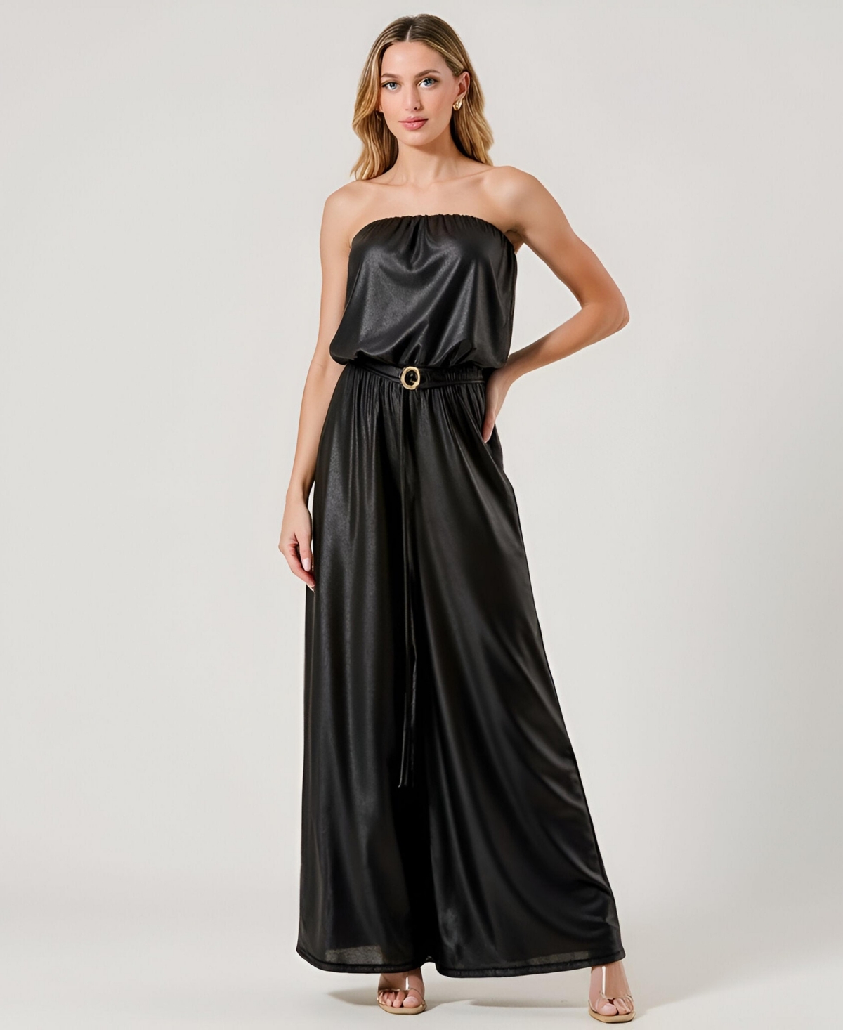 Click here for Modenaire Womens Strapless Satin Belted Jumpsuit -... prices