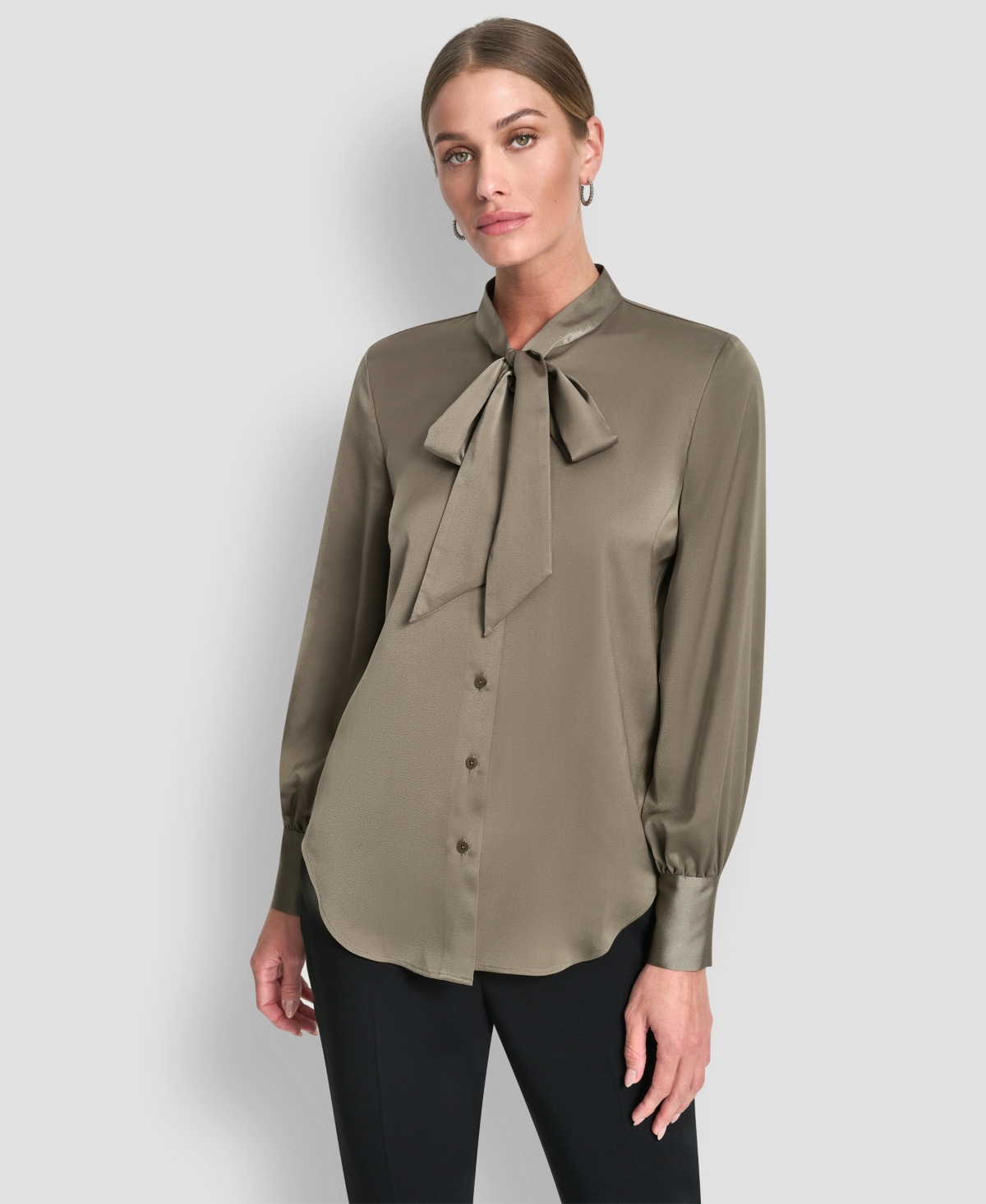 Click here for Dkny Womens Front Button Long Sleeve Blouse - Tan prices
