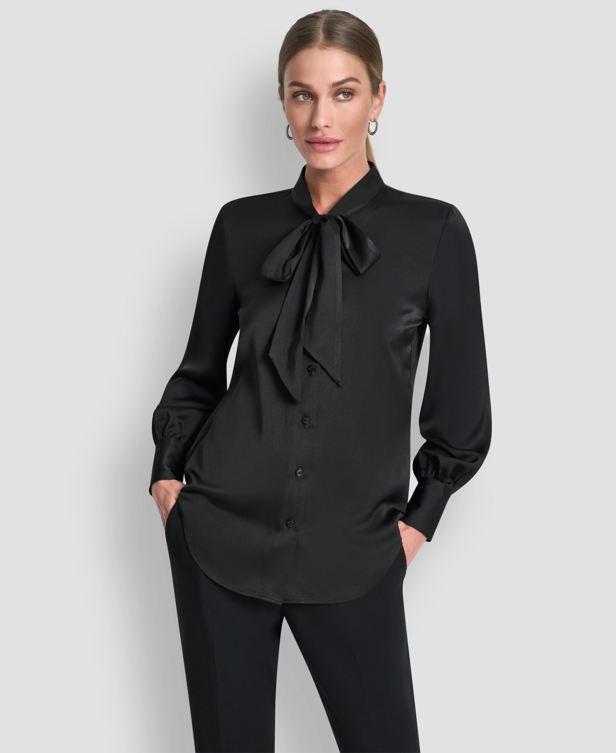 Click here for Dkny Womens Front Button Long Sleeve Blouse - Blac... prices