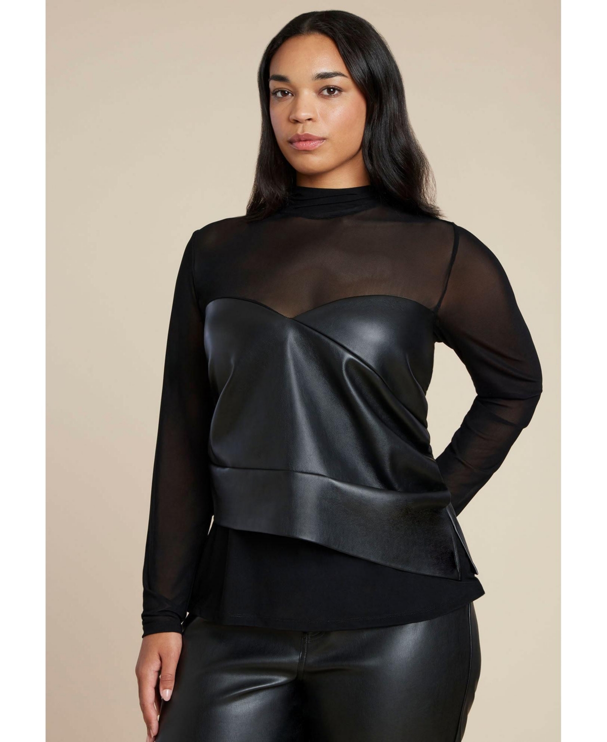 Eloquii Womens Plus Size Faux Leather Wrap Top - Black onyx