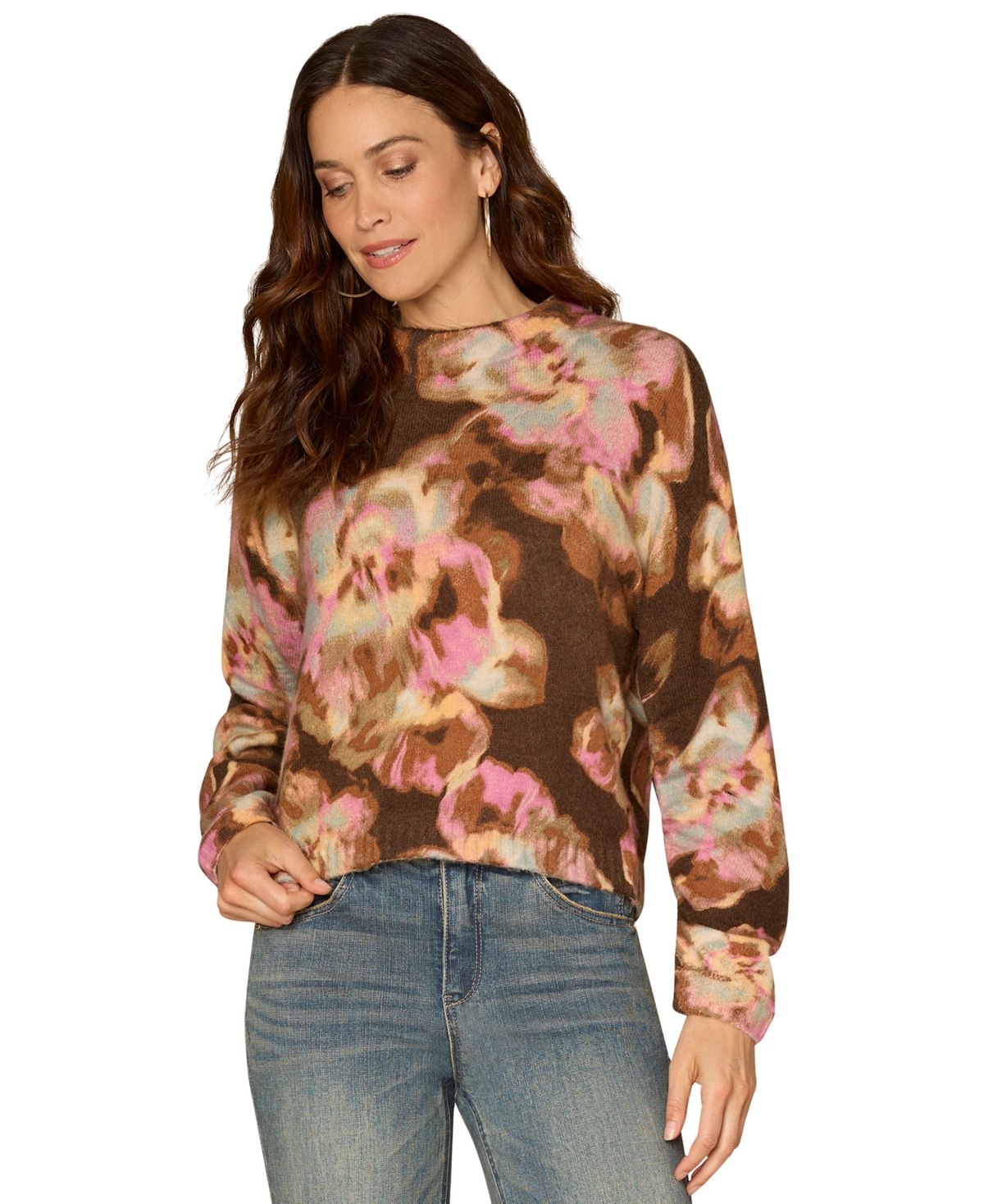 Click here for Democracy Petite Mock Neck Printed Sweater - Dark... prices