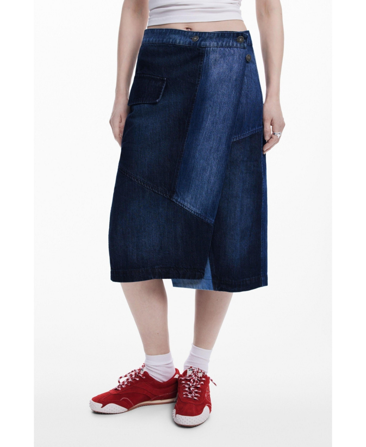 Click here for Desigual Womens Crossed denim midi skirt - Dark bl... prices