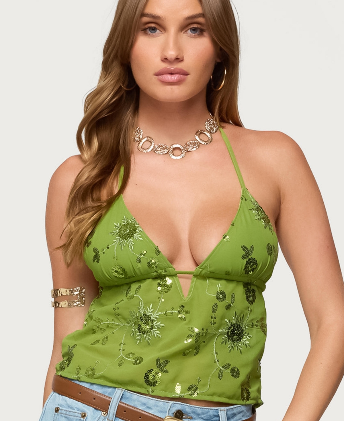 Click here for Edikted Womens Kiki Sequin Floral Chiffon Halter T... prices