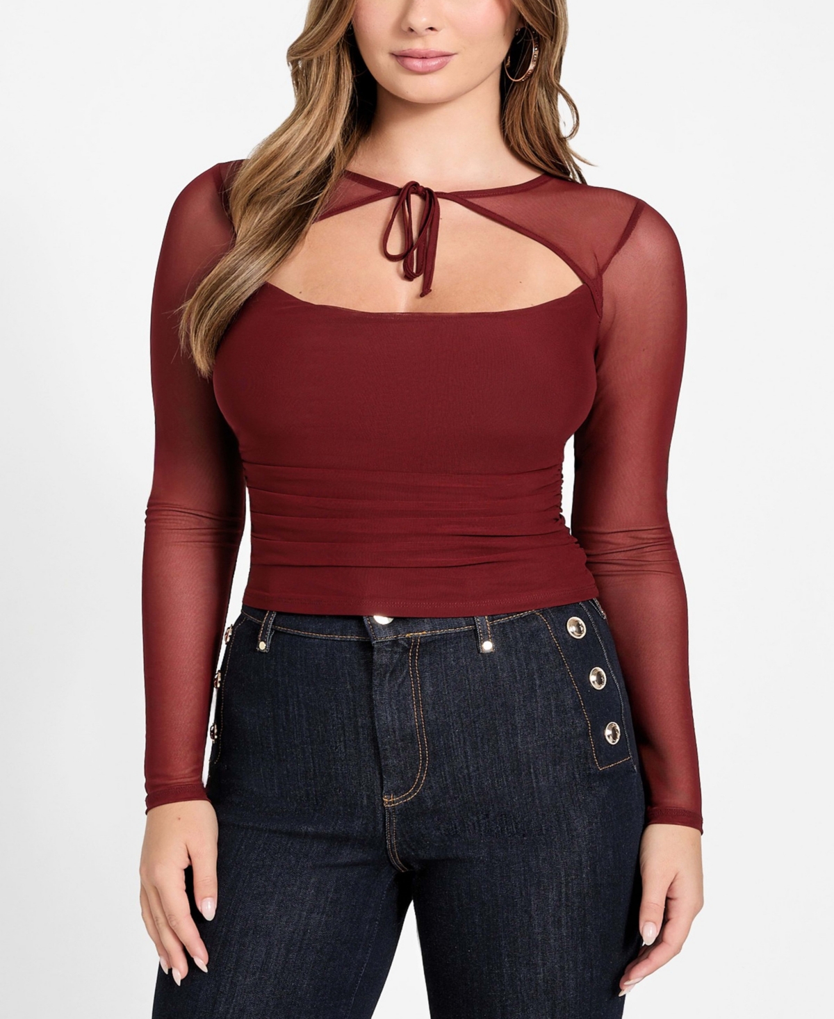 Click here for Guess Womens Lauryn Long Sleeve Tie Detail Mesh To... prices