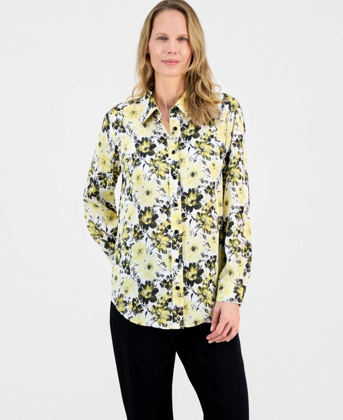 Click here for Kasper Womens Floral-Print Satin Button-Front Blou... prices