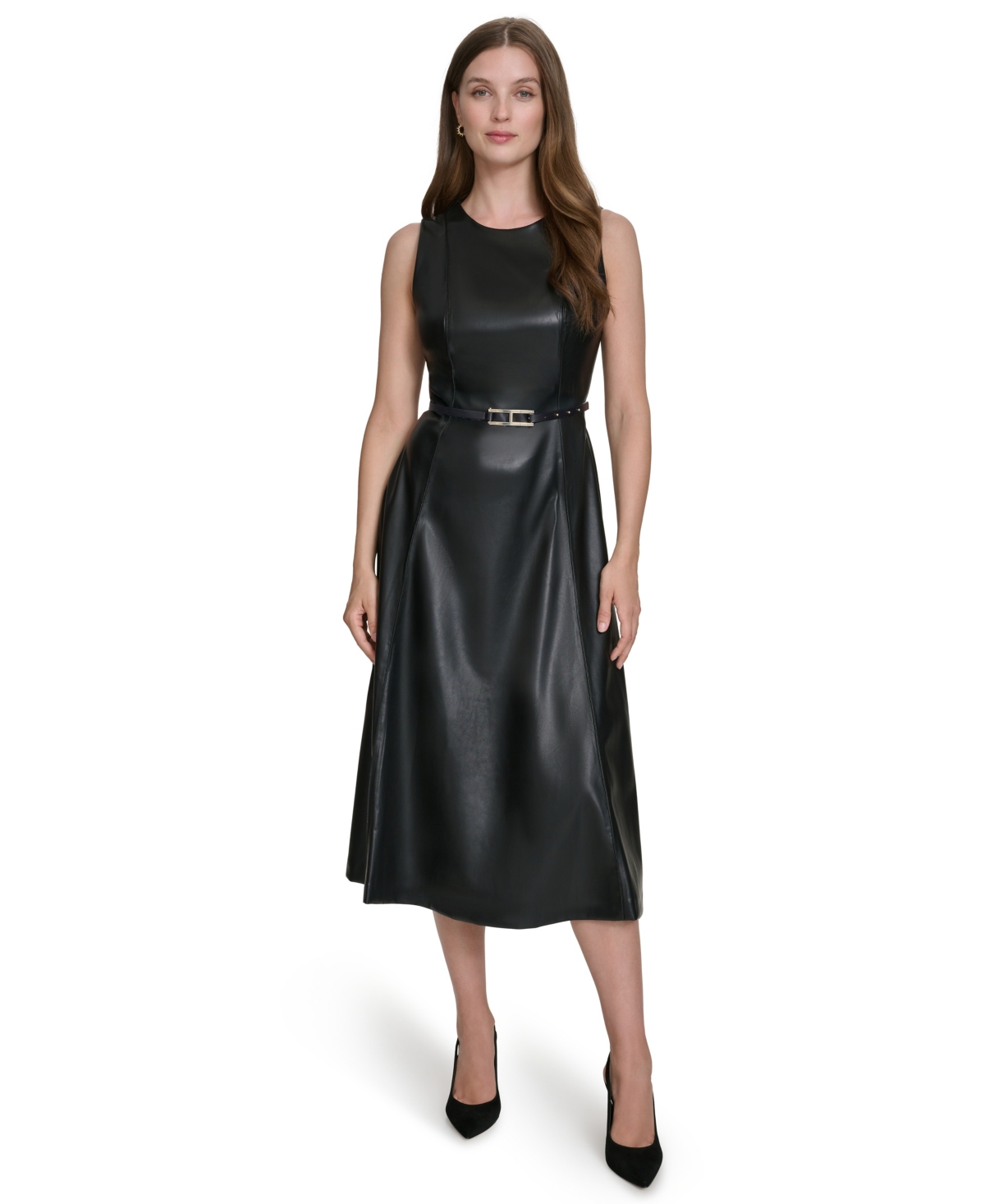Halston Womens Faux-Leather Belted Sleeveless Midi Dress - Black