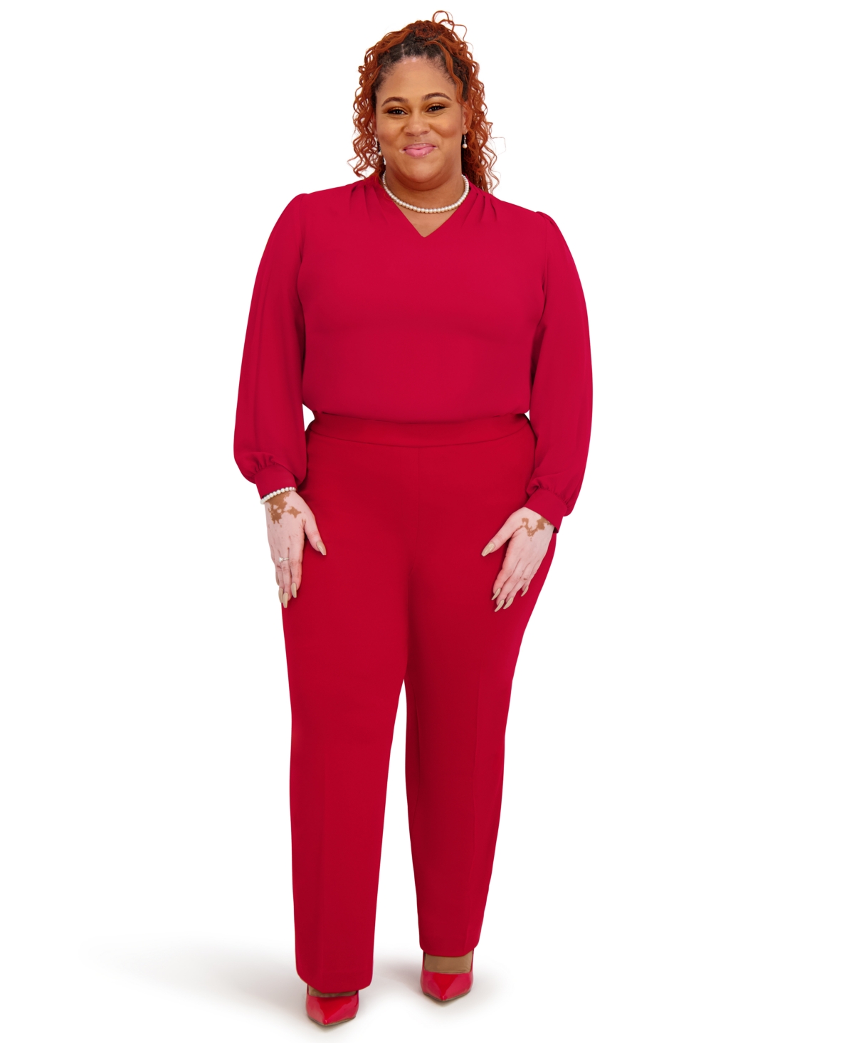 Click here for Kasper Womens Long Sleeves V-Neck Top - Crimson prices