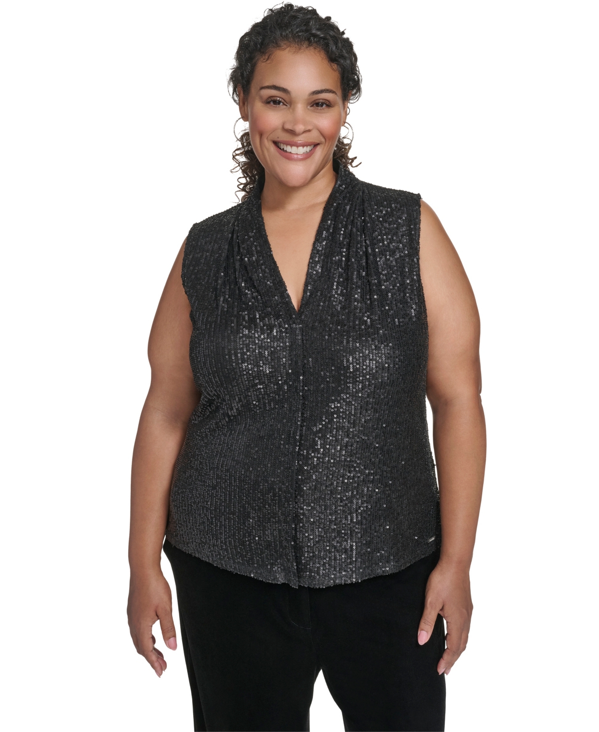Click here for Calvin Klein Plus Size Sequined V-Neck Top - Black prices