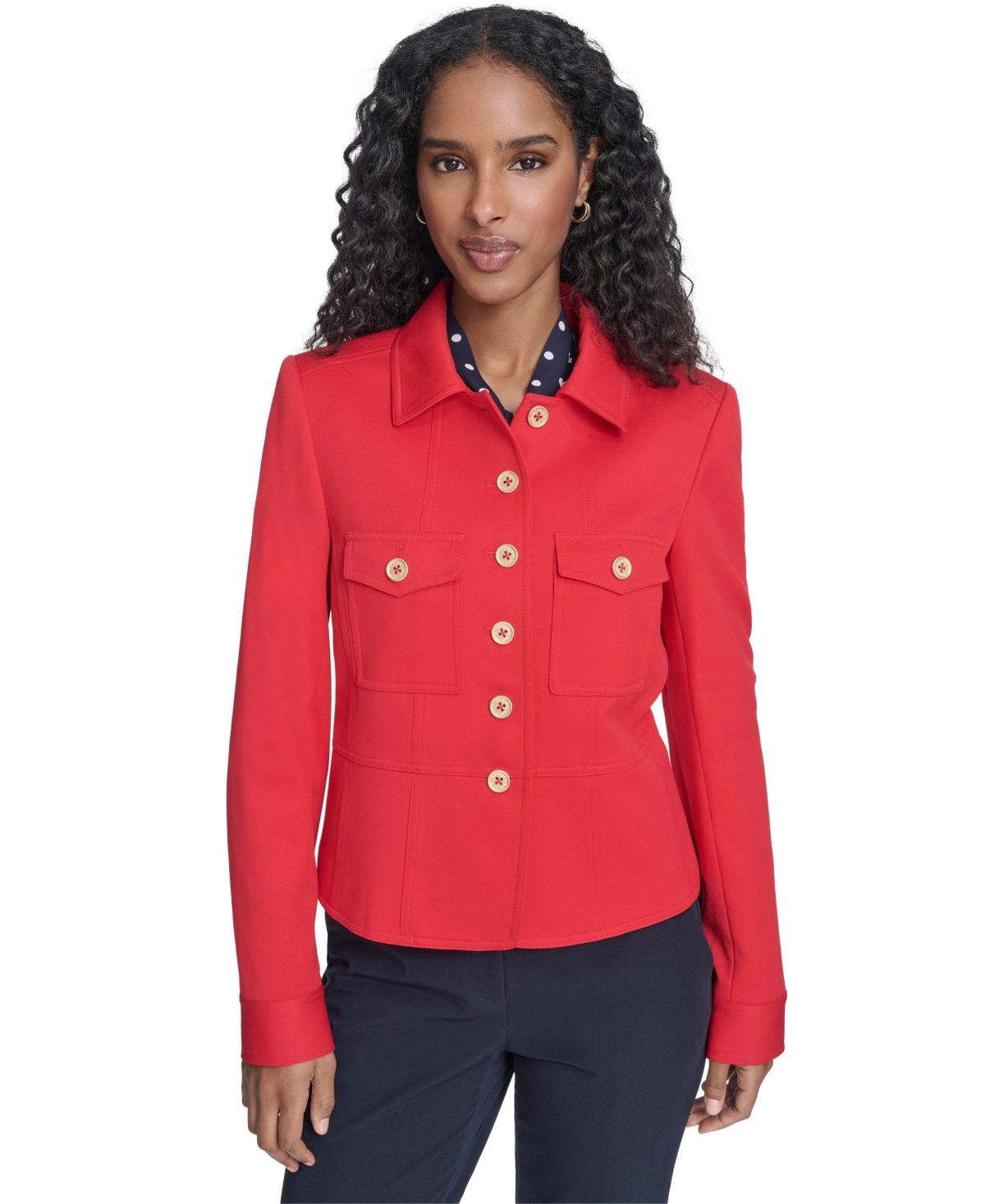 Tommy Hilfiger Womens Military Style Button Front Twill Jacket - Scarlet