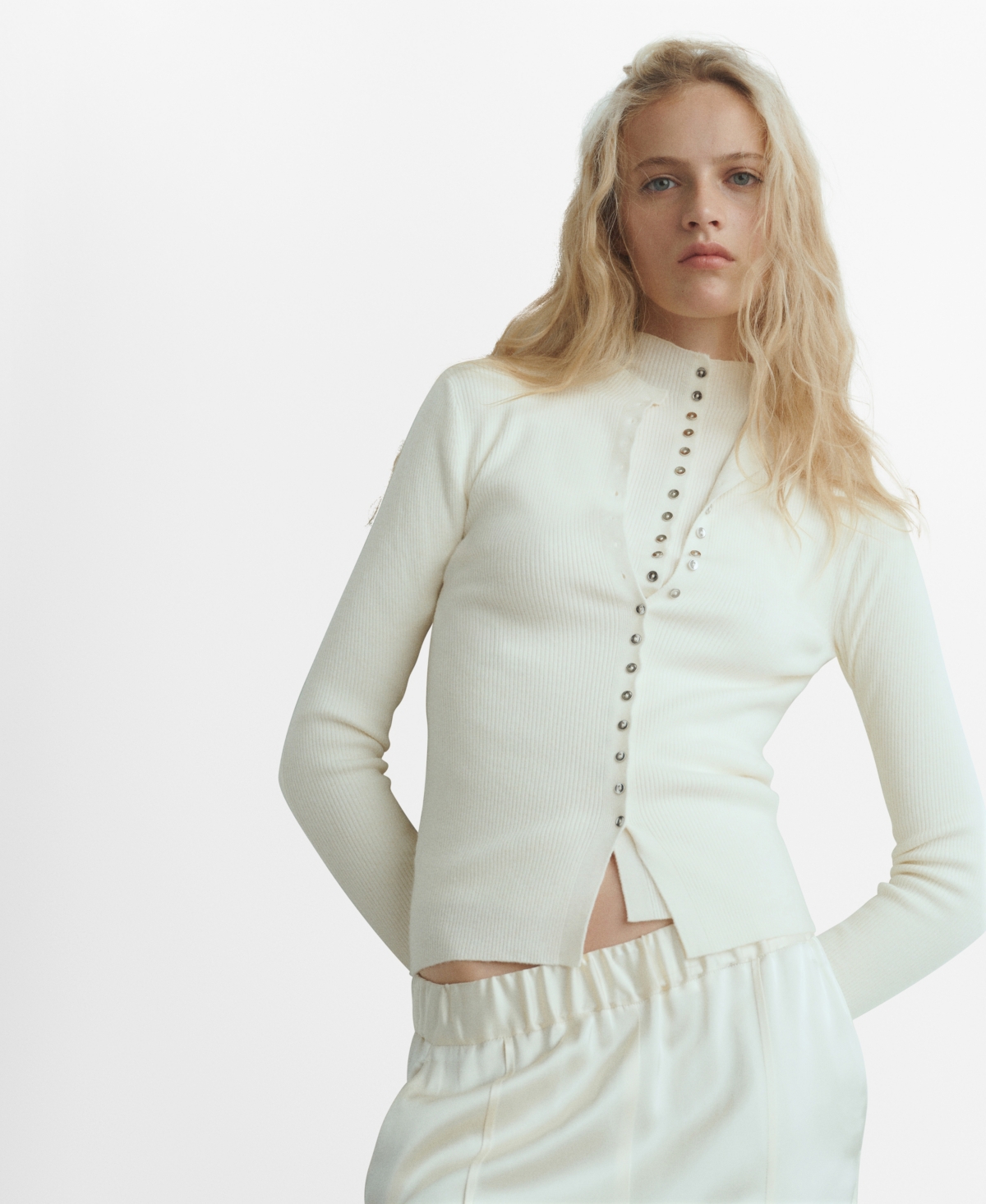 Click here for Mango Womens Fine Rib Knit Cardigan - Ecru prices