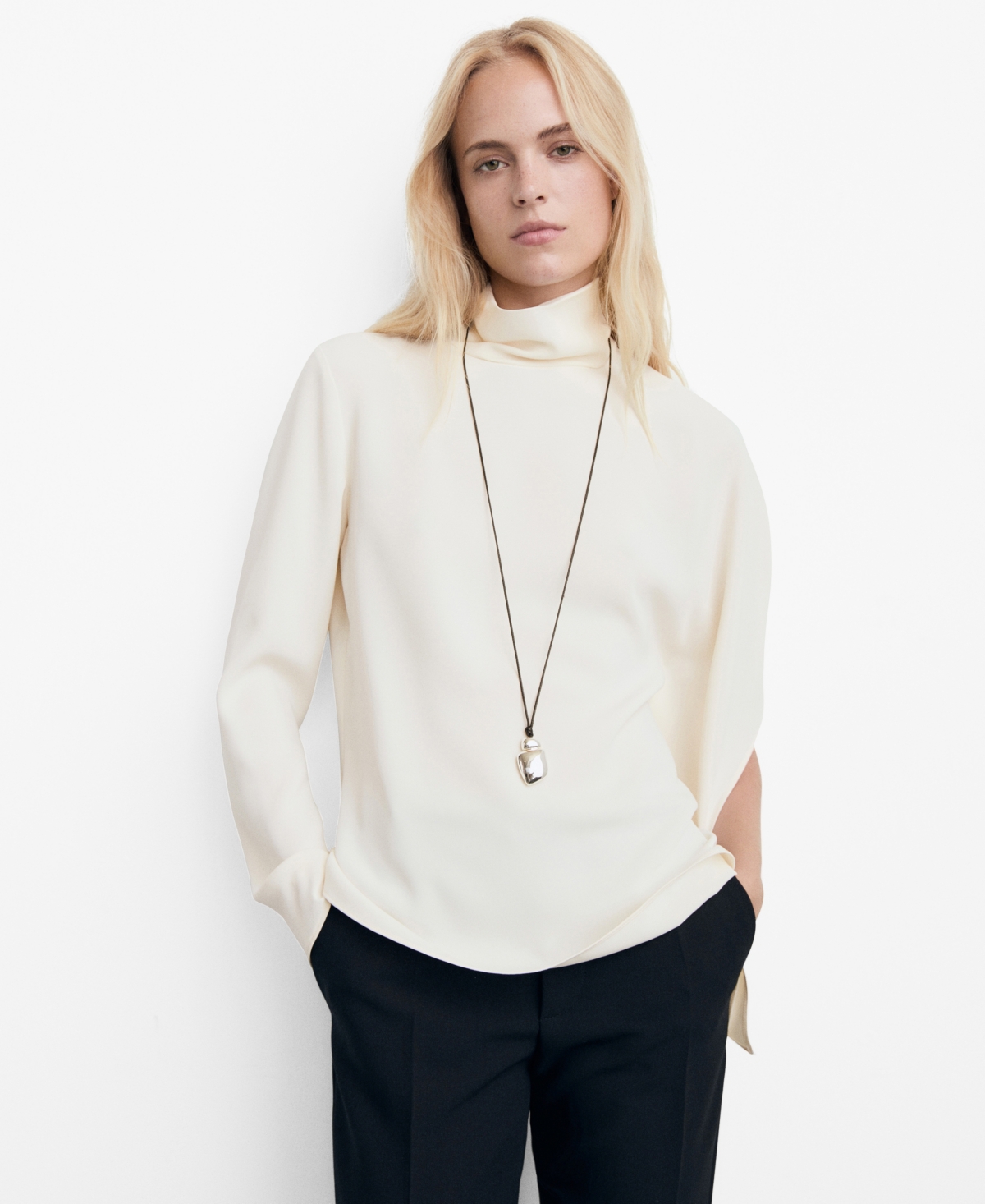 Click here for Mango Womens Asymmetric Sleeves High-Neck Blouse -... prices