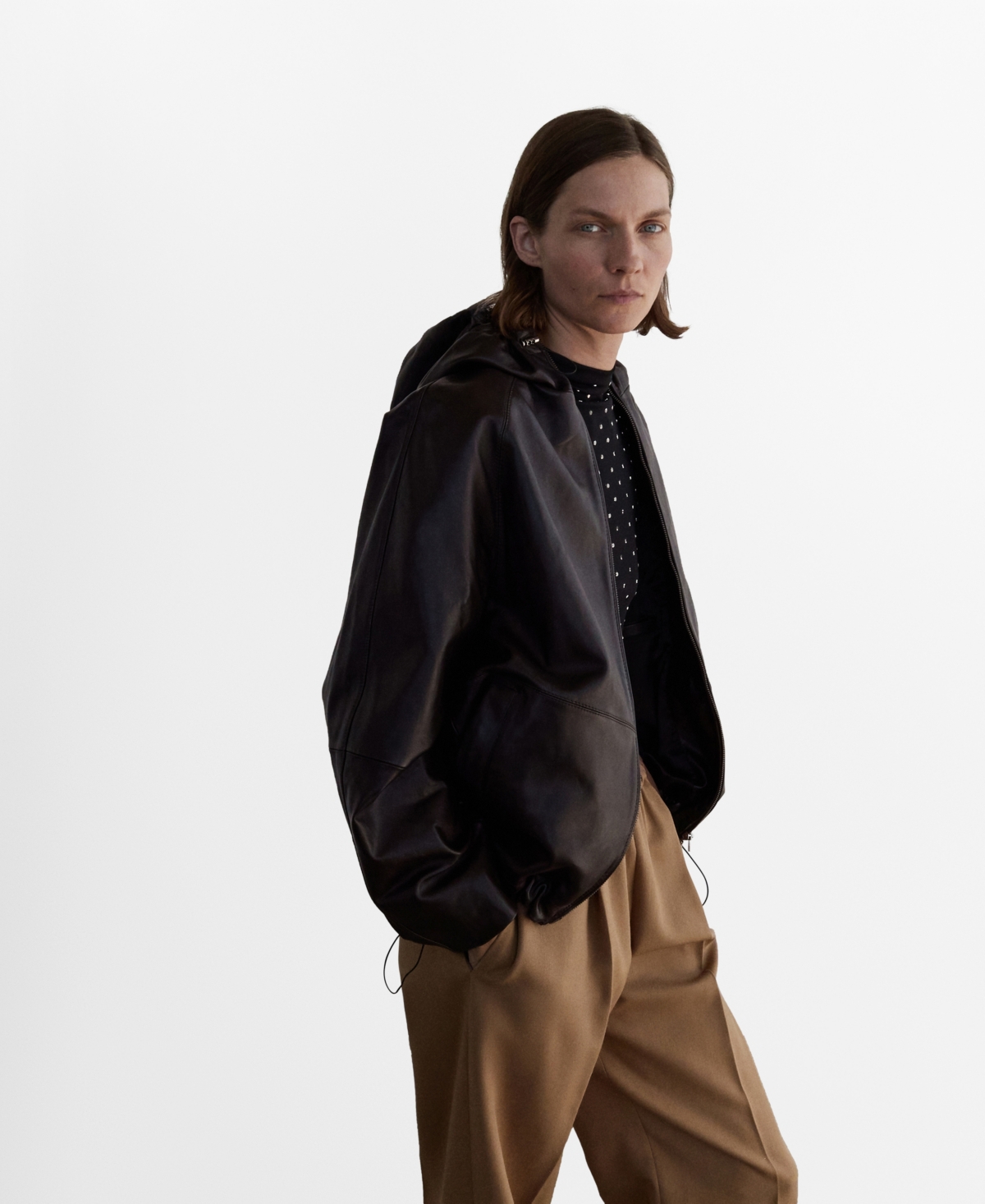 Click here for Mango Womens Leather Hood Jacket - Brown prices