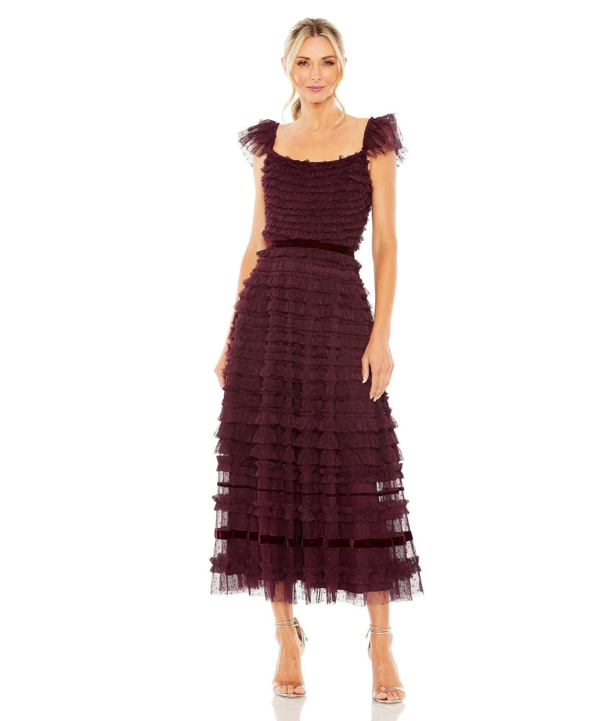Mac Duggal Ruffle Cap Sleeve Tiered Midi Dress