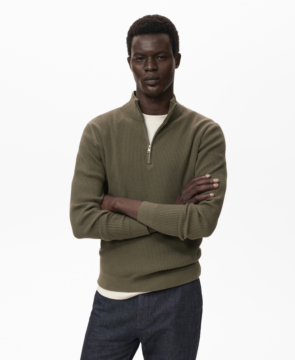 Click here for Mango Mens Zip Neck Ribbed Sweater - Olive Green prices