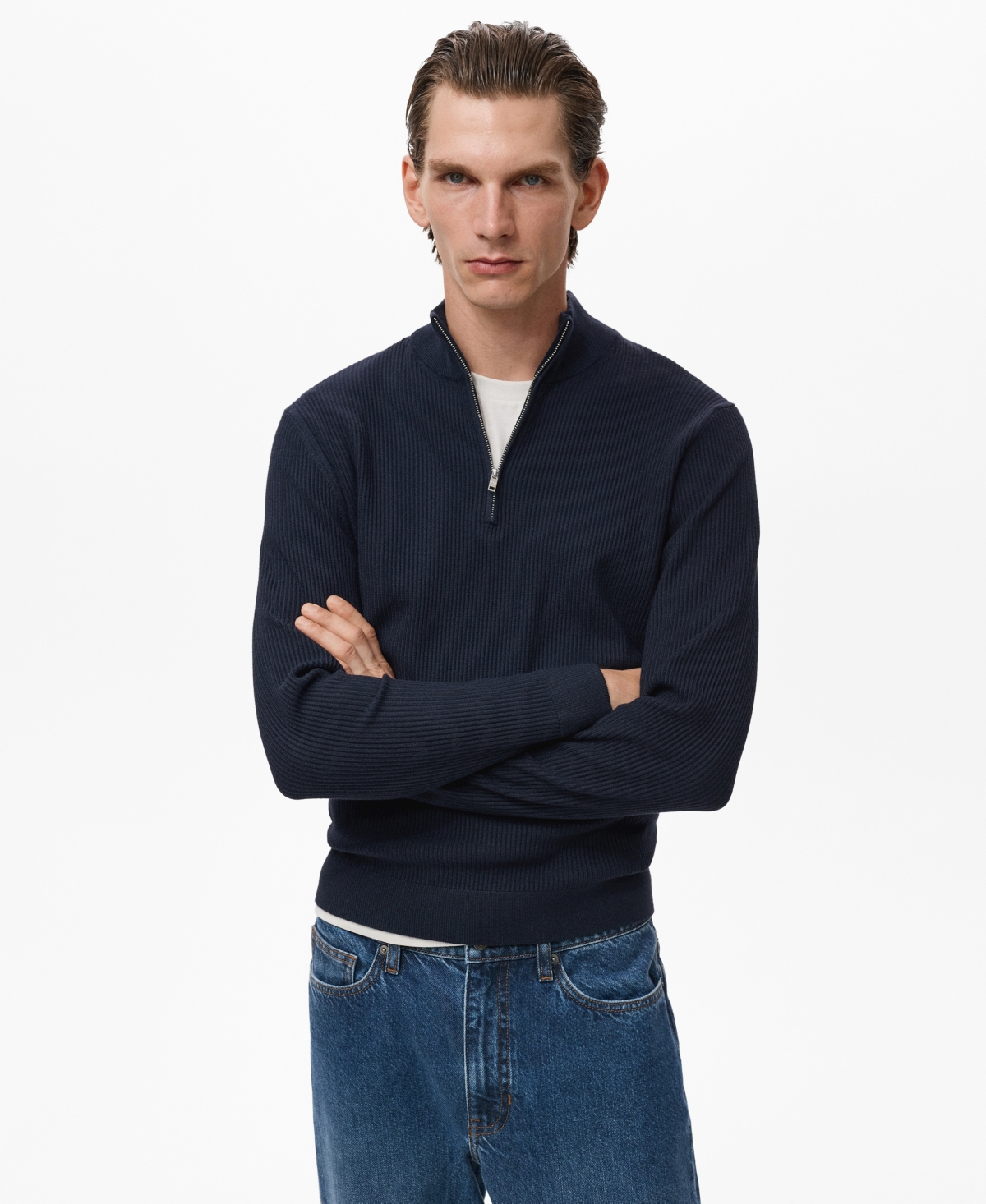 Click here for Mango Mens Zip Neck Ribbed Sweater - Navy prices