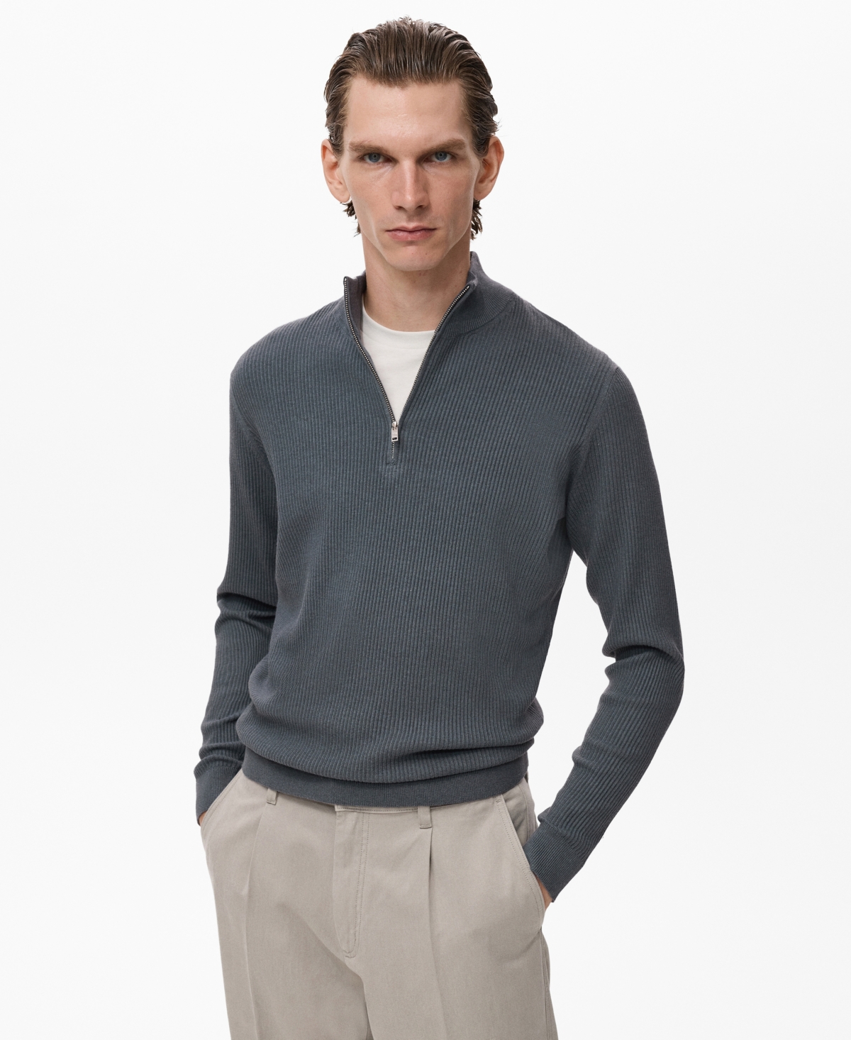Click here for Mango Mens Zip Neck Ribbed Sweater - Dark Gray prices