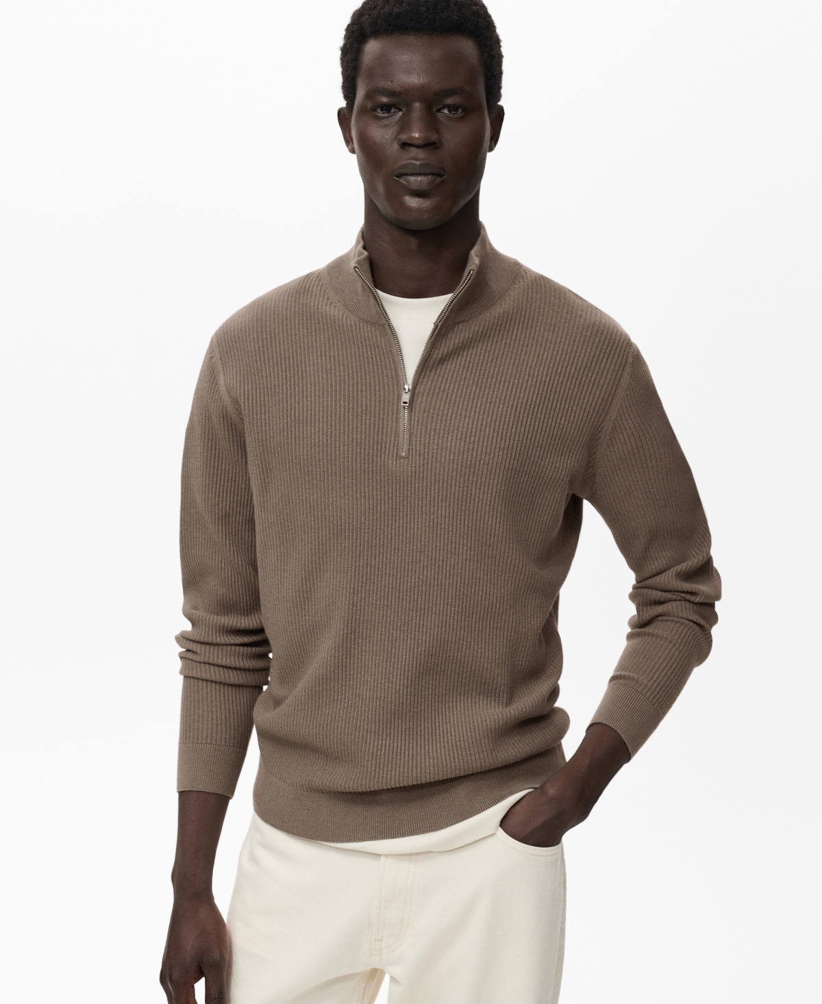 Click here for Mango Mens Zip Neck Ribbed Sweater - Mink Gray prices