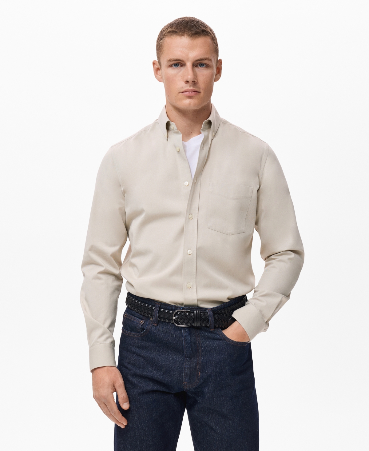 Click here for Mango Mens Cotton Regular Fit Pocket Shirt - Ecru prices