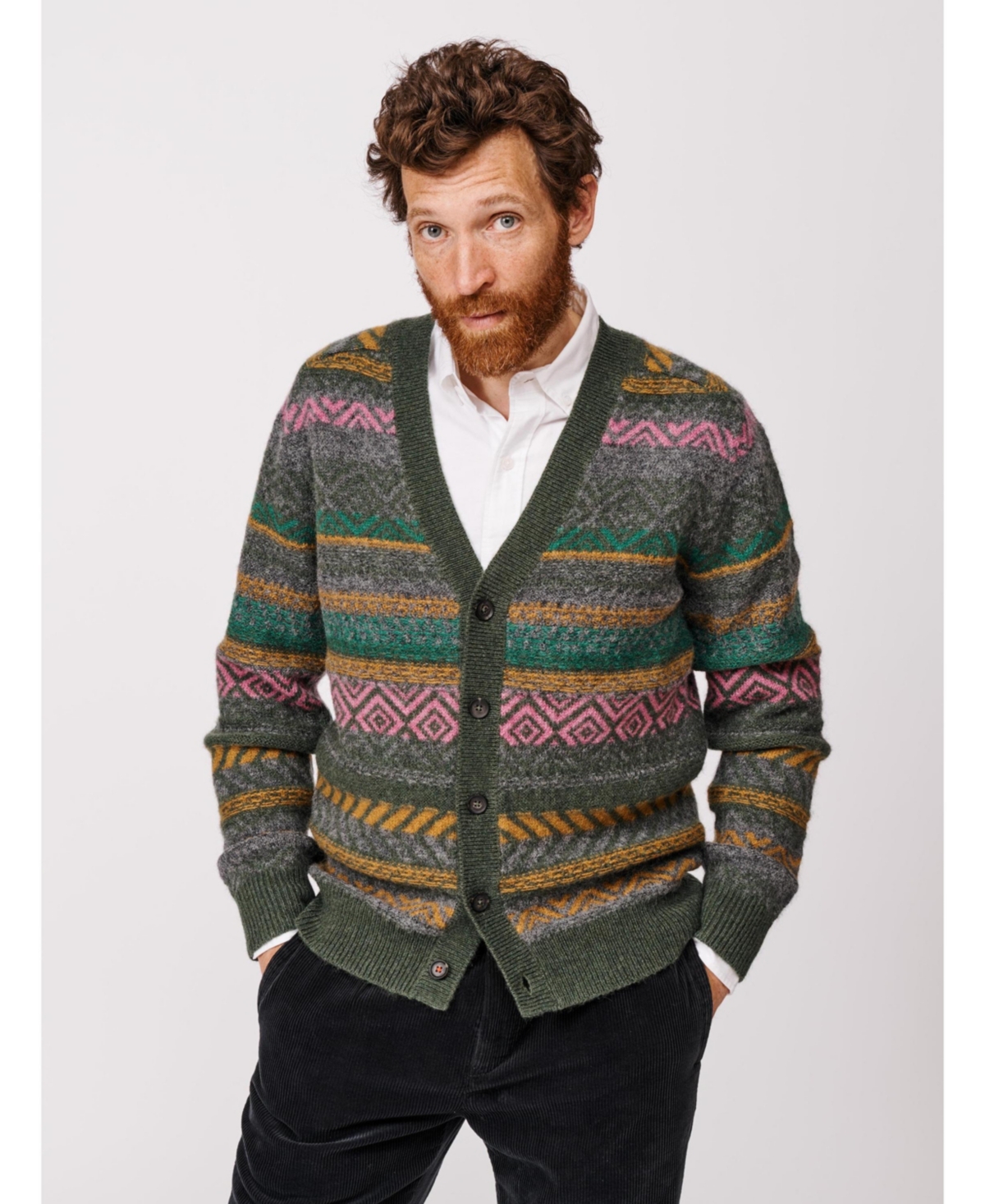 Click here for Aubin Mens Fair Isle Wool Cardigan - Khaki mix prices