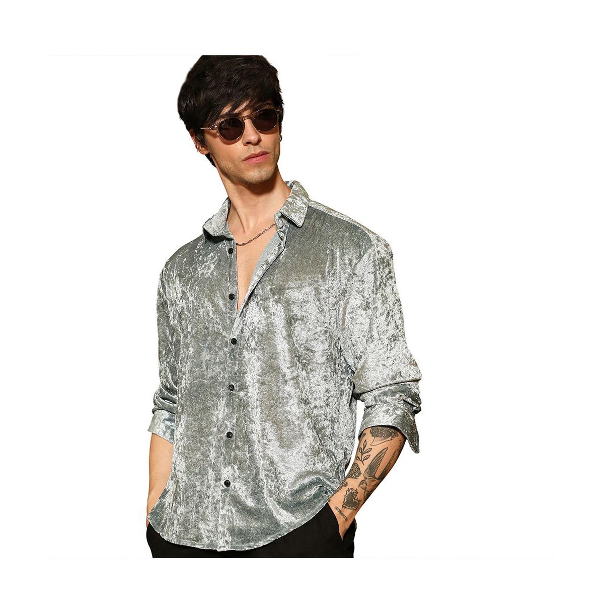 Click here for Campus Sutra Mens Sage Green Solid Velvet Shirt -... prices