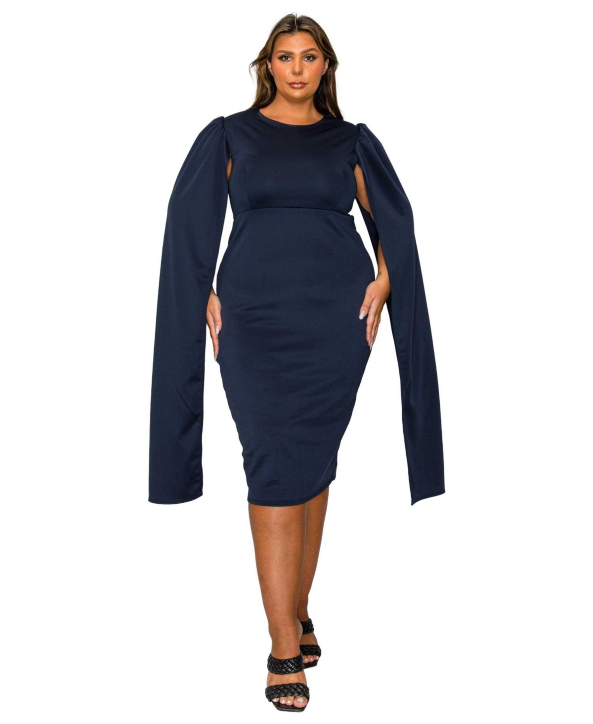 Click here for L I V D Plus Size Naomi Cape Dress - Navy prices