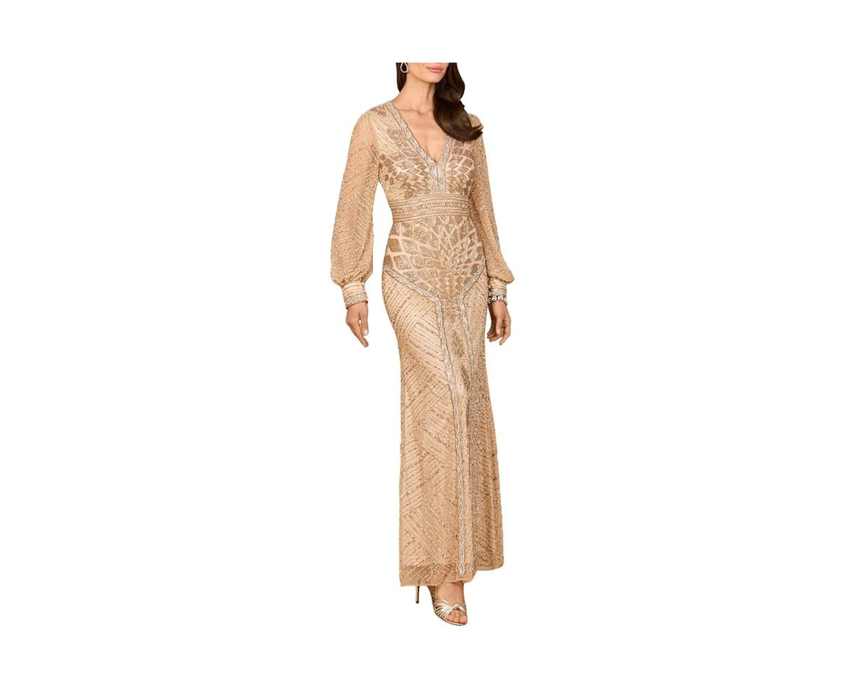Click here for Lara Womens V Neck Beaded Long Sleeve Dress - Nude prices