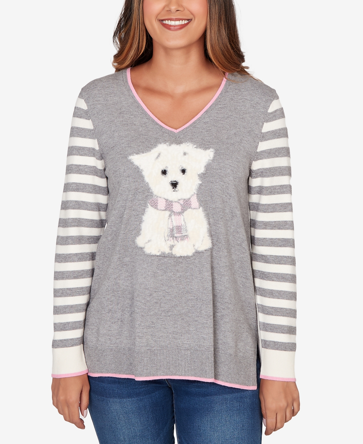 Click here for Ruby Rd. Petite Maltese Puppy Striped Sleeve Pullo... prices