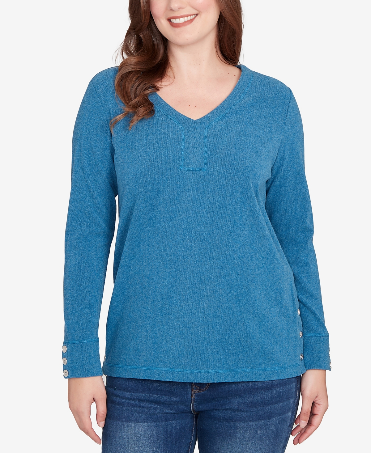 Click here for Ruby Rd. Petite Luxe Rib V-Neck Button Accent Knit... prices
