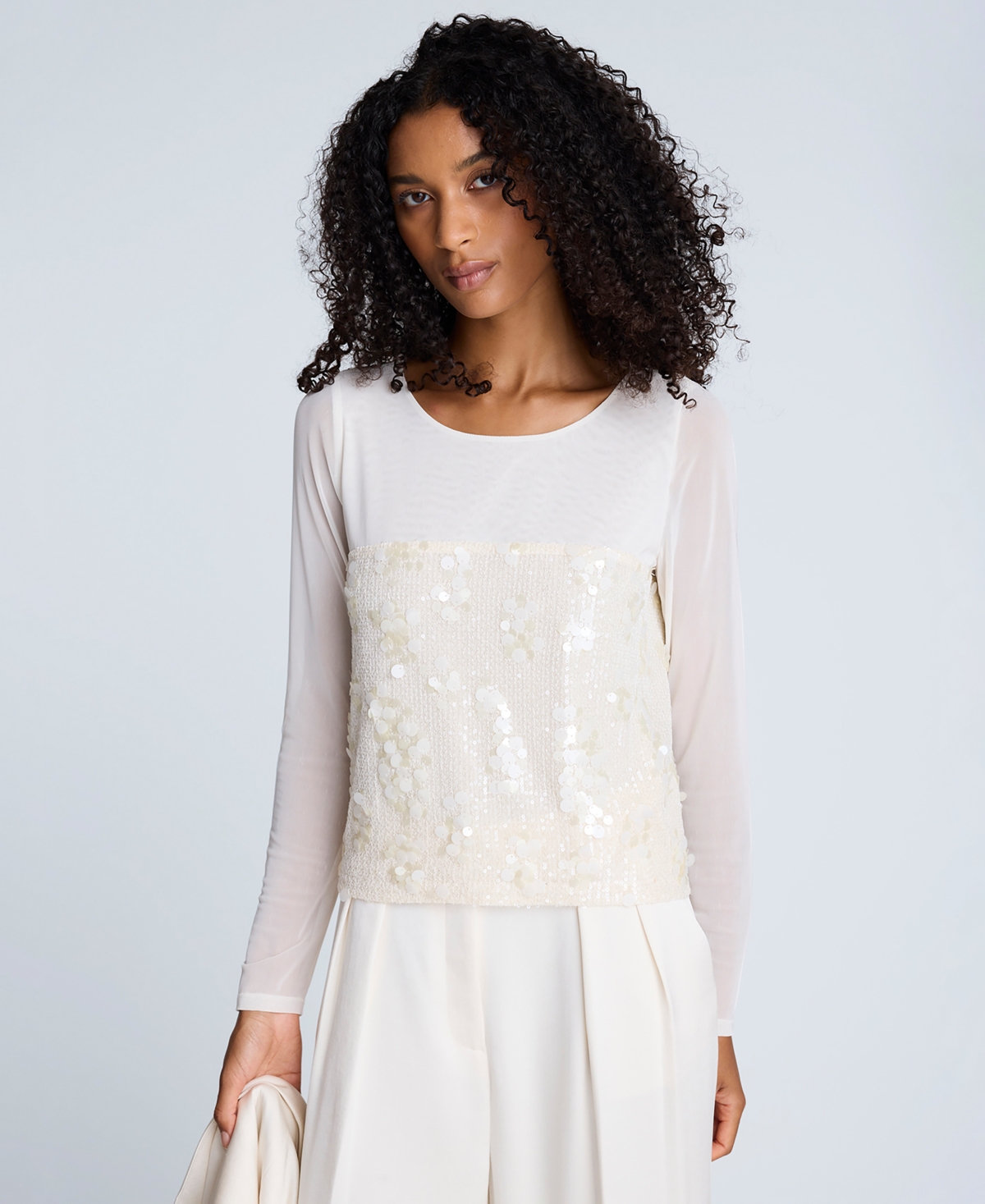 Click here for Kenneth Cole Womens Paillette Mesh Long-Sleeve Top... prices