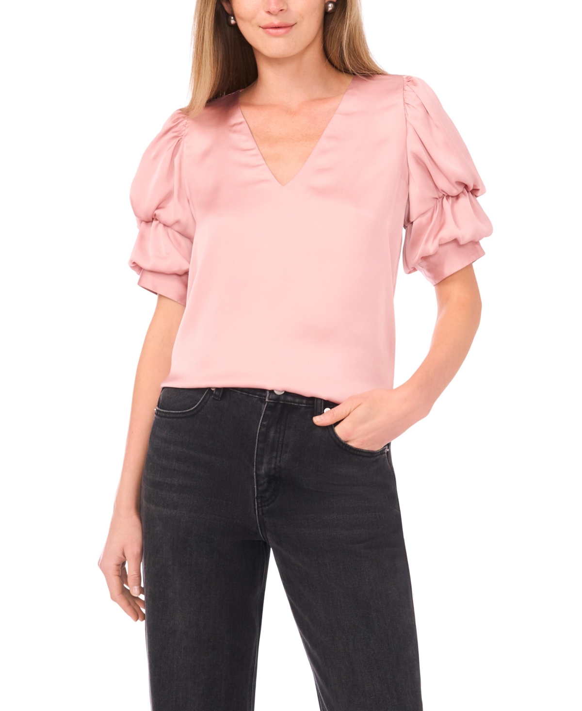 Click here for 1.state Womens Short Bubble Sleeve V-Neck Top - Pa... prices