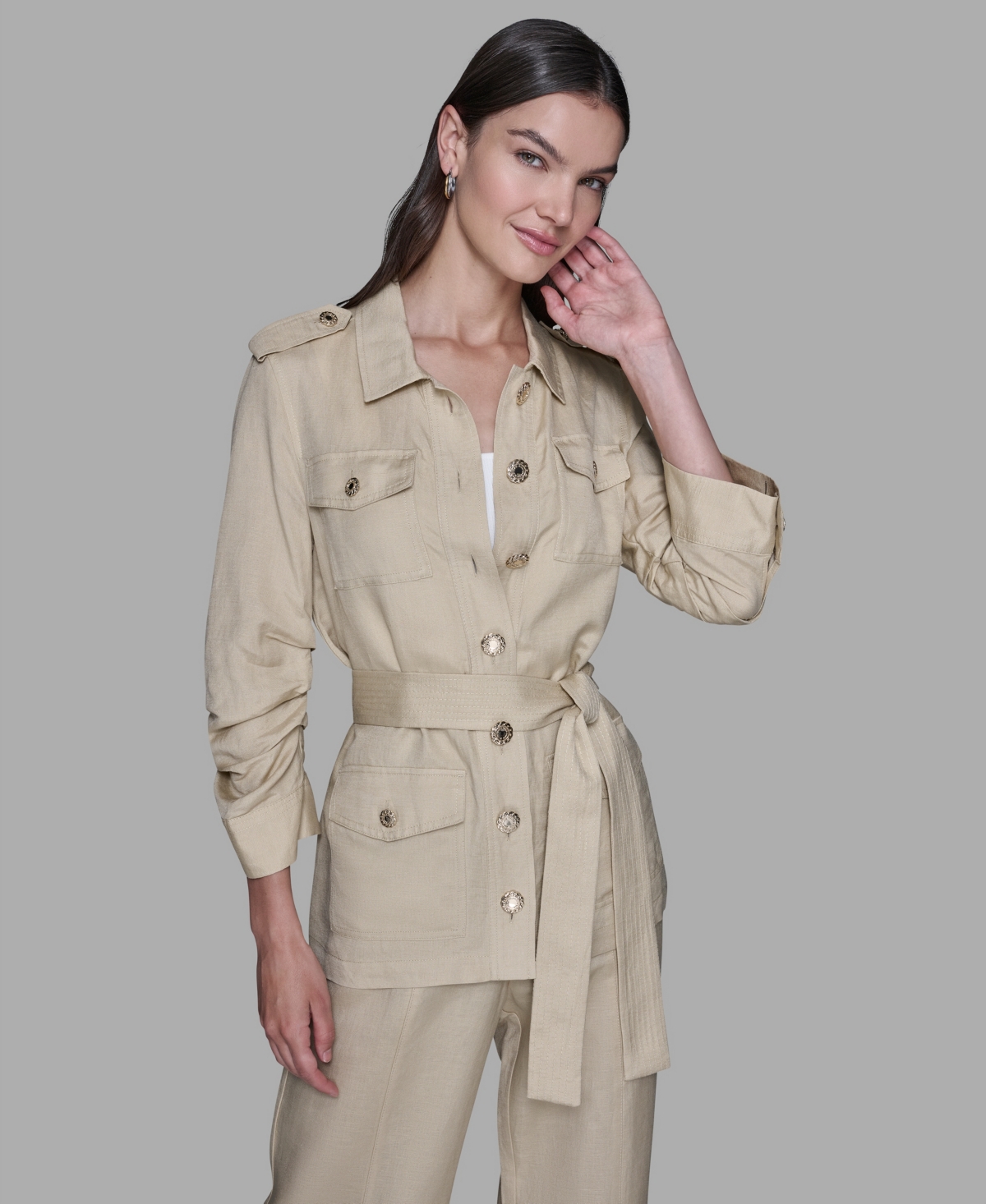 Click here for Karl Lagerfeld Paris Womens Belted Jacket - Desert... prices