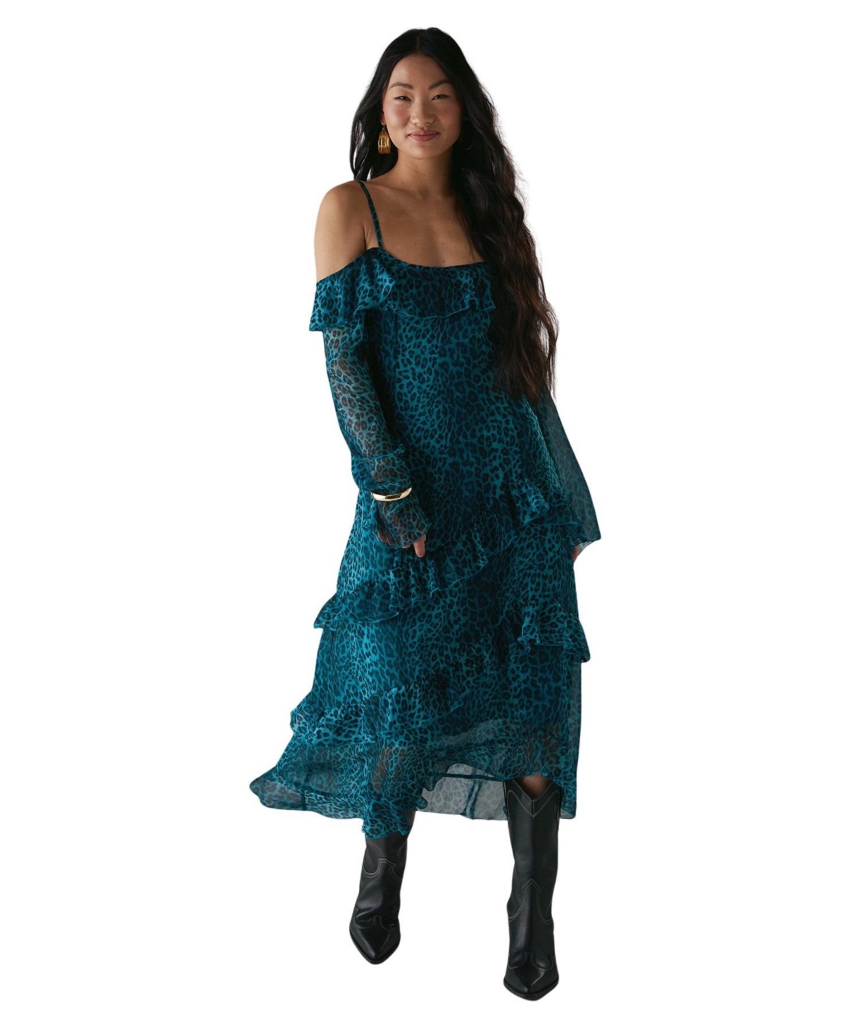Click here for Warehouse Womens Ruffle Cold Shoulder Midi Dress -... prices
