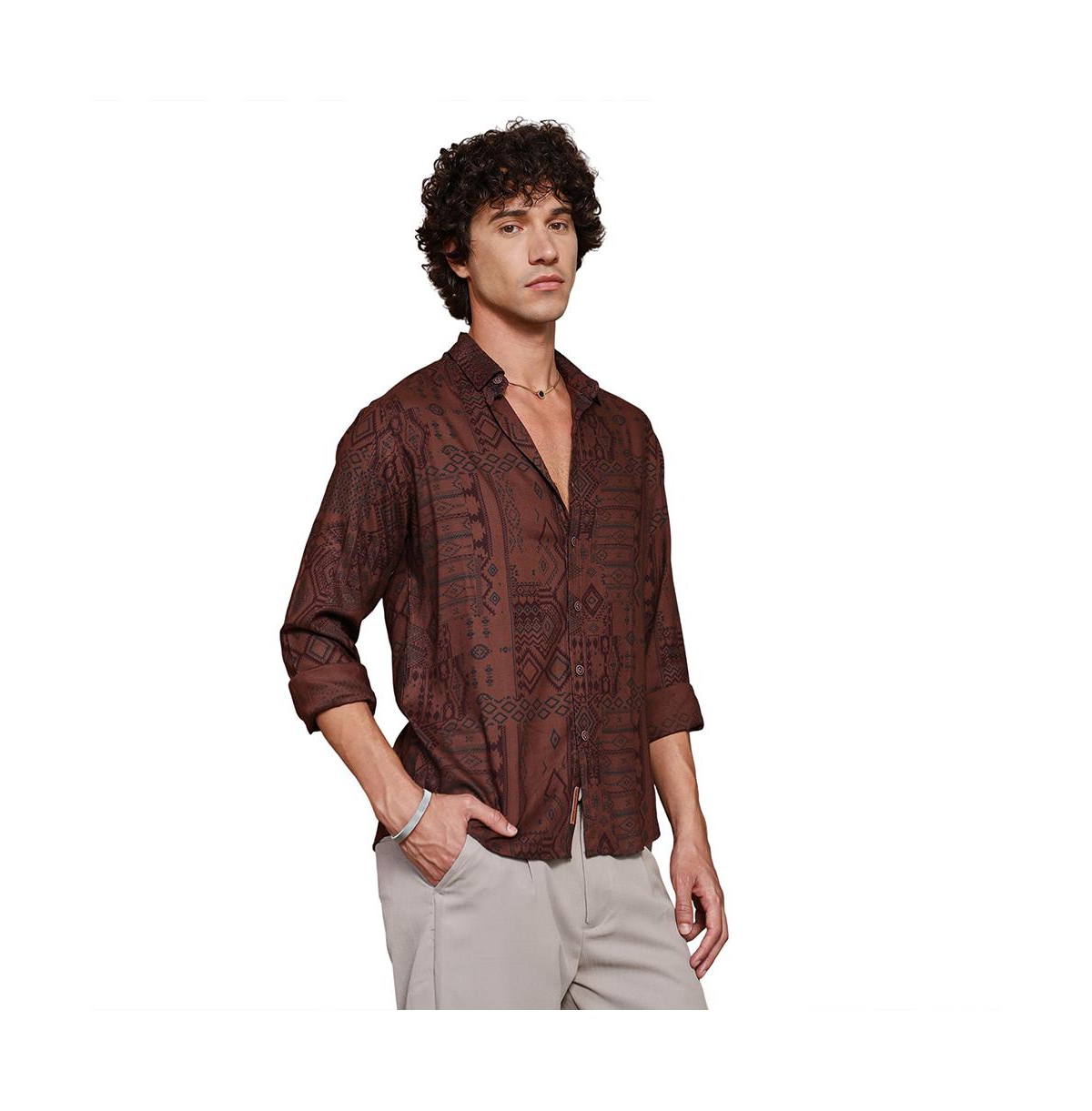 Click here for Campus Sutra Mens Russet Brown Aztec-Imprint Shirt... prices